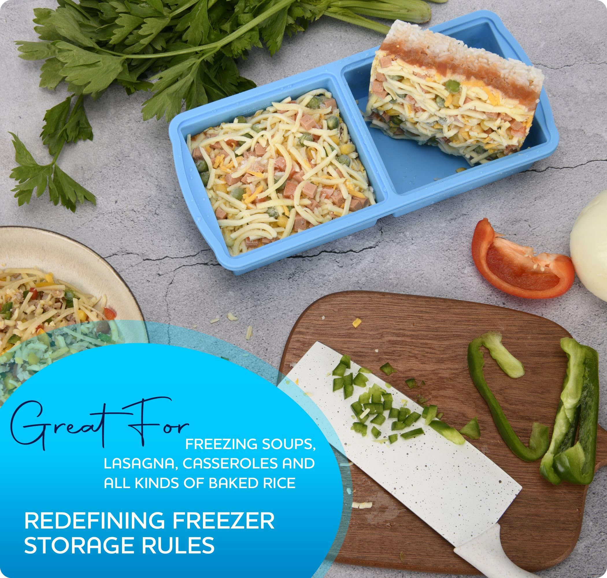 ZIP STANDING 2 Cup Silicone Freezer Trays With Lid,Soup Freezer Container,Large Ice Cube Molds With Reinforced Steel Ring Top Perfect for Freezing Soups, Lasagnas, Casseroles.Dishwasher -Safe, blue