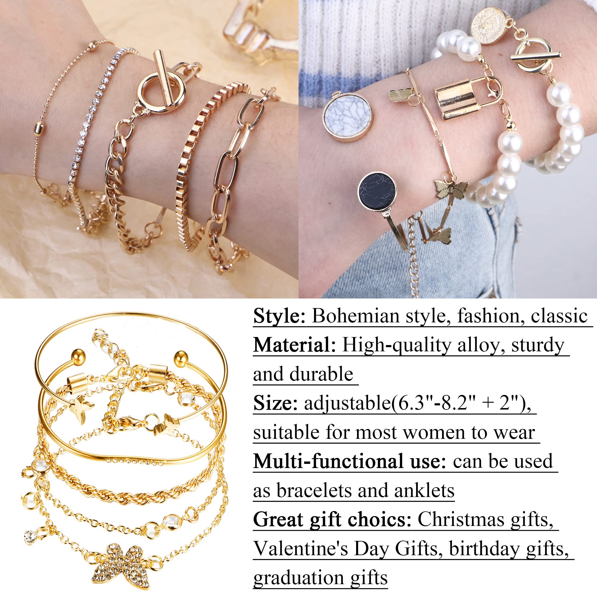 YADOCA 27Pcs Gold Stackable Chain Bracelets Set For Women 14K Gold Plated Boho Dainty Multiple Layered Stackable Open Cuff Wrap Bangle Adjustable Trendy Paperclip Link Italian Cuban Jewelry For Women