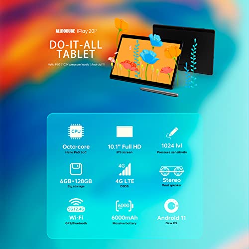 PUSOKEI 10.1in IPS Tablet, for Android 11 10 Inch Tablet PC, 1920 * 1200 HD IPS Screen, 4G LTE 6+128G P60 8 Core Processor Tablet PC, 10 Point Capacitance, Builtin WiFi GPS Black