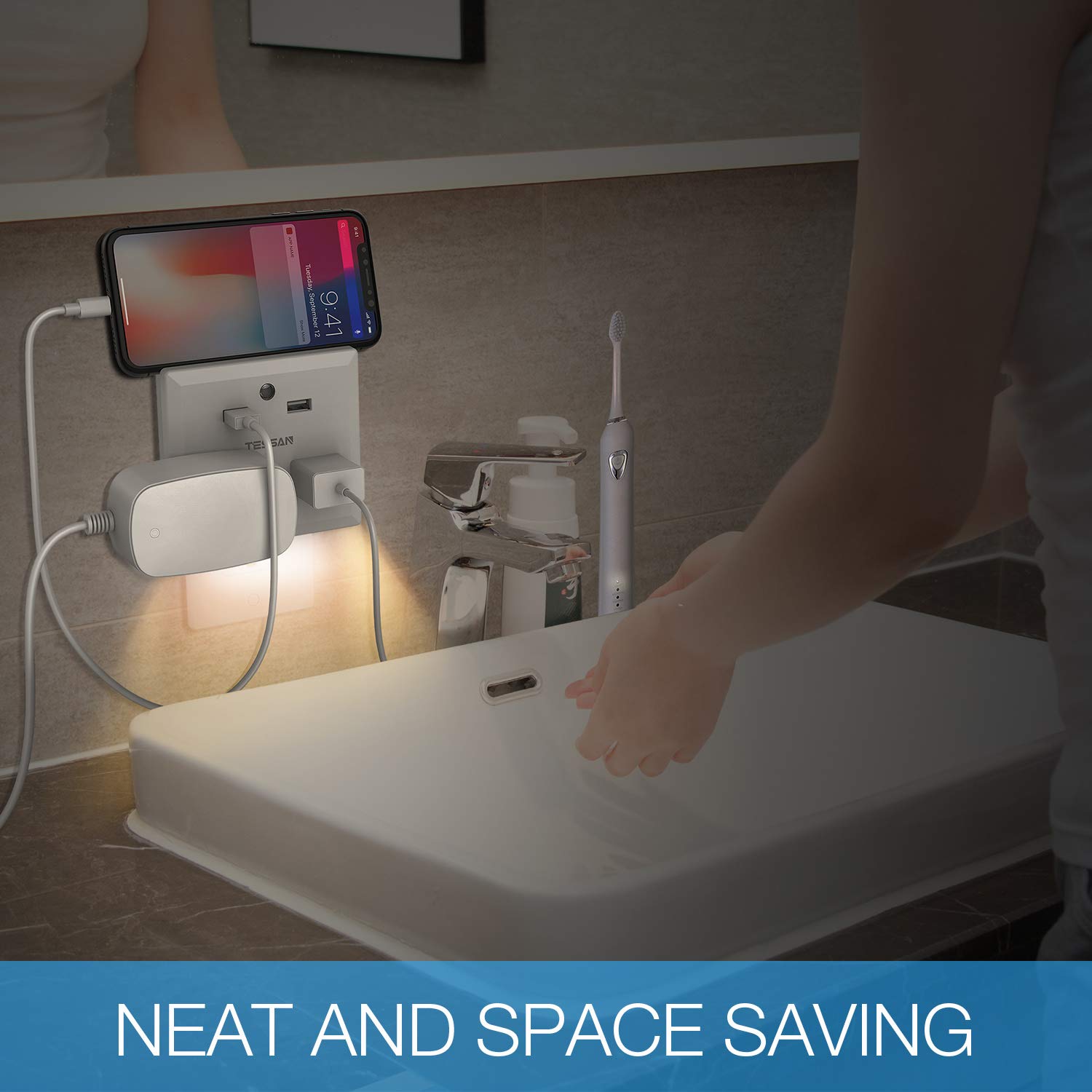 Multi Plug Outlet Extender with USB Wall Charger and Night Light, 3 Electrical Outlet Splitter 2 USB Phone Charger Wall Plug for Cruise Essentials, Multiple Power Outlet Expander with Charging Station