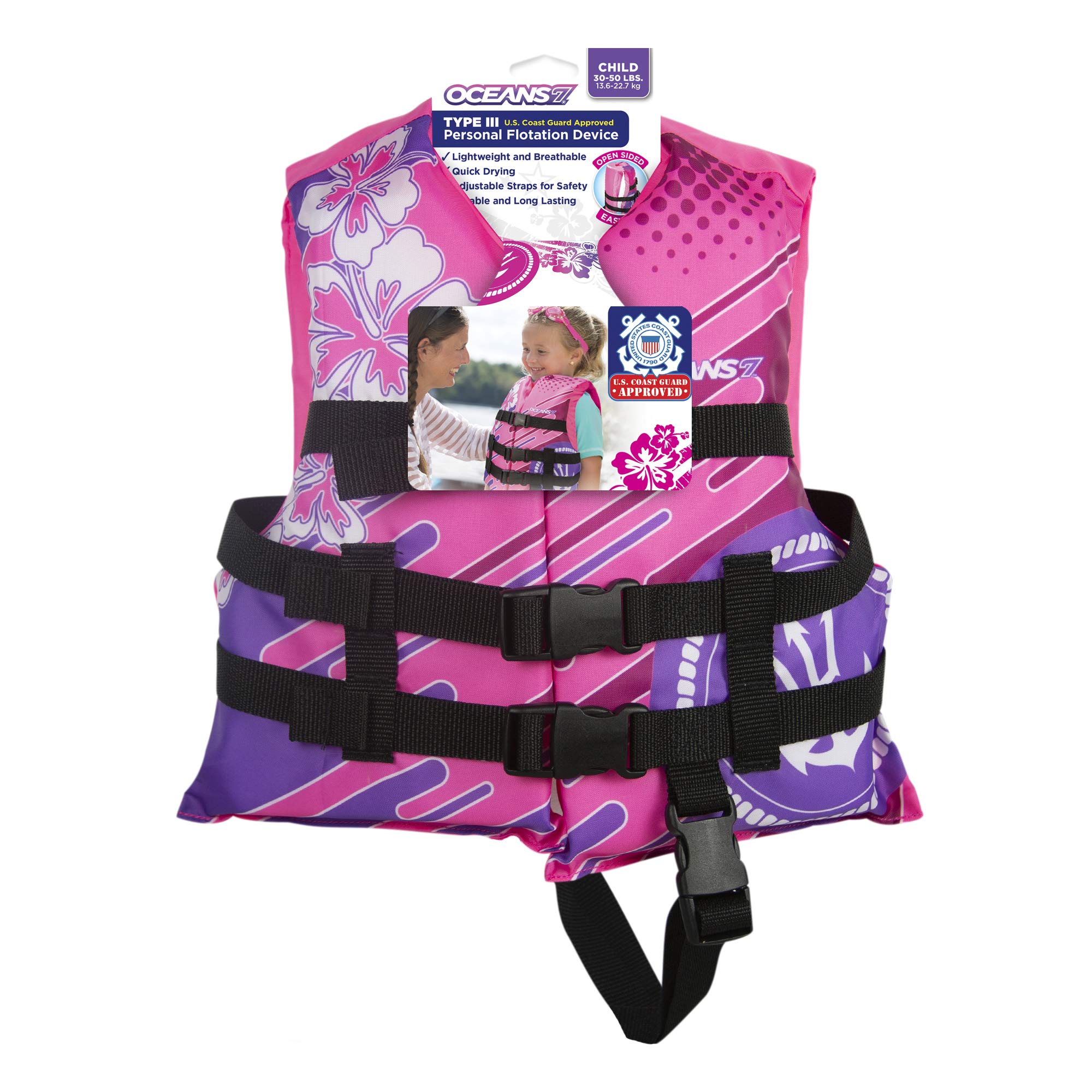 Oceans7 US Coast Guard-Approved, Type III β Kids Life Jacket β Personal Flotation Device with with Comfortable Flex-Form-Fit Open-Sided Design β Pink/Berry