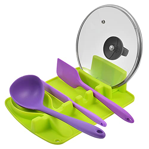 TATBOOMU Silicone Spoon Rest 3 in 1 Larger Size Silicone Spoon Holder for Stove Top,Upgraded Utensil Rest with Drip Pad for Multiple Utensils,Pot lid holder,Easy to Clean (Green)