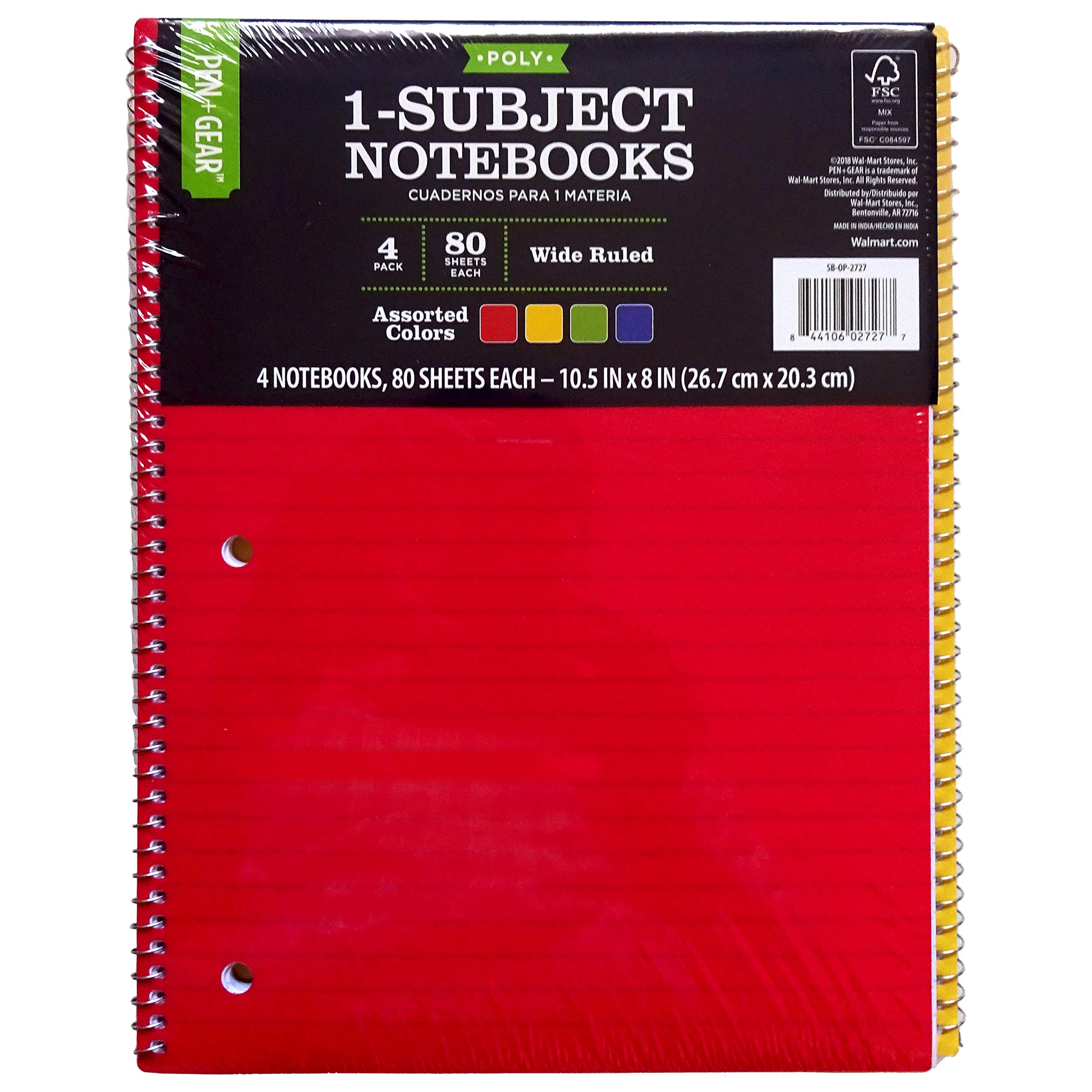 Pen + Gear Pack of 4, Wide Ruled, 80 Sheets Each, 1 - Subject Poly Notebooks