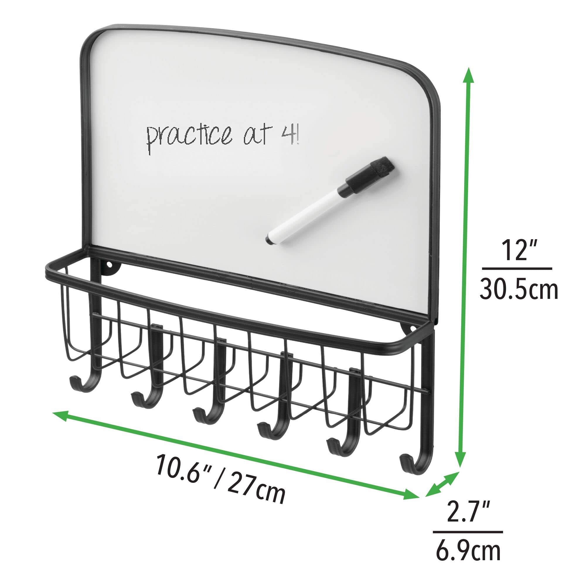 mDesign Metal Wall Mount Entryway Storage Organizer Mail Basket with Dry Erase Board, 6 Hooks - Holder for Letters, Magazines, Keys, Coats, Leashes - Strong Steel Wire Design - Matte Black