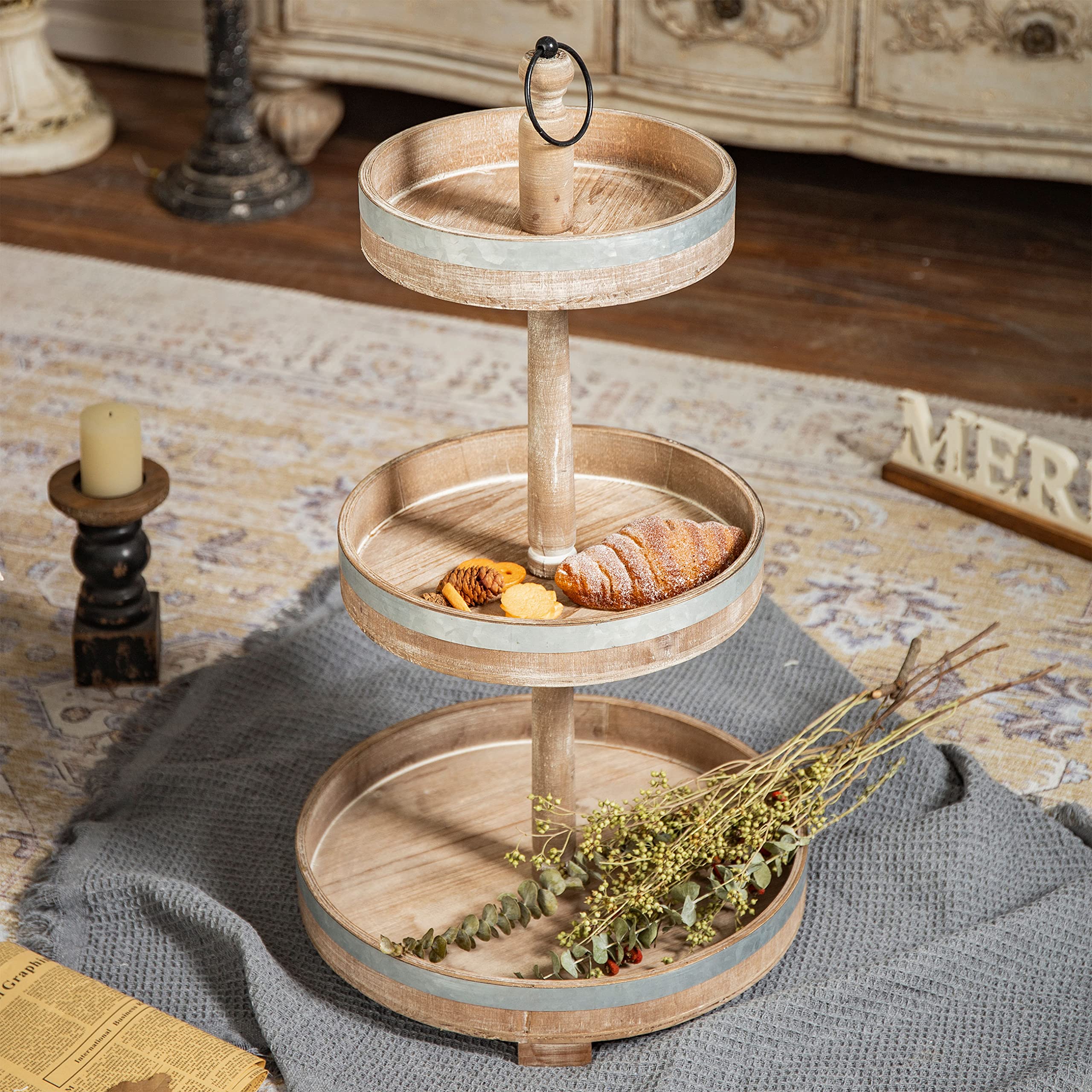SOFE 3 Tier Tray Wood for Spring Easter Decor, Distressed Brown Farmhouse Tiered Tray Stand, Rustic Tiered Serving Tray, Three Tiered Tray Decor Items for Coffee Bar, Kitchen Counter, Party, Table