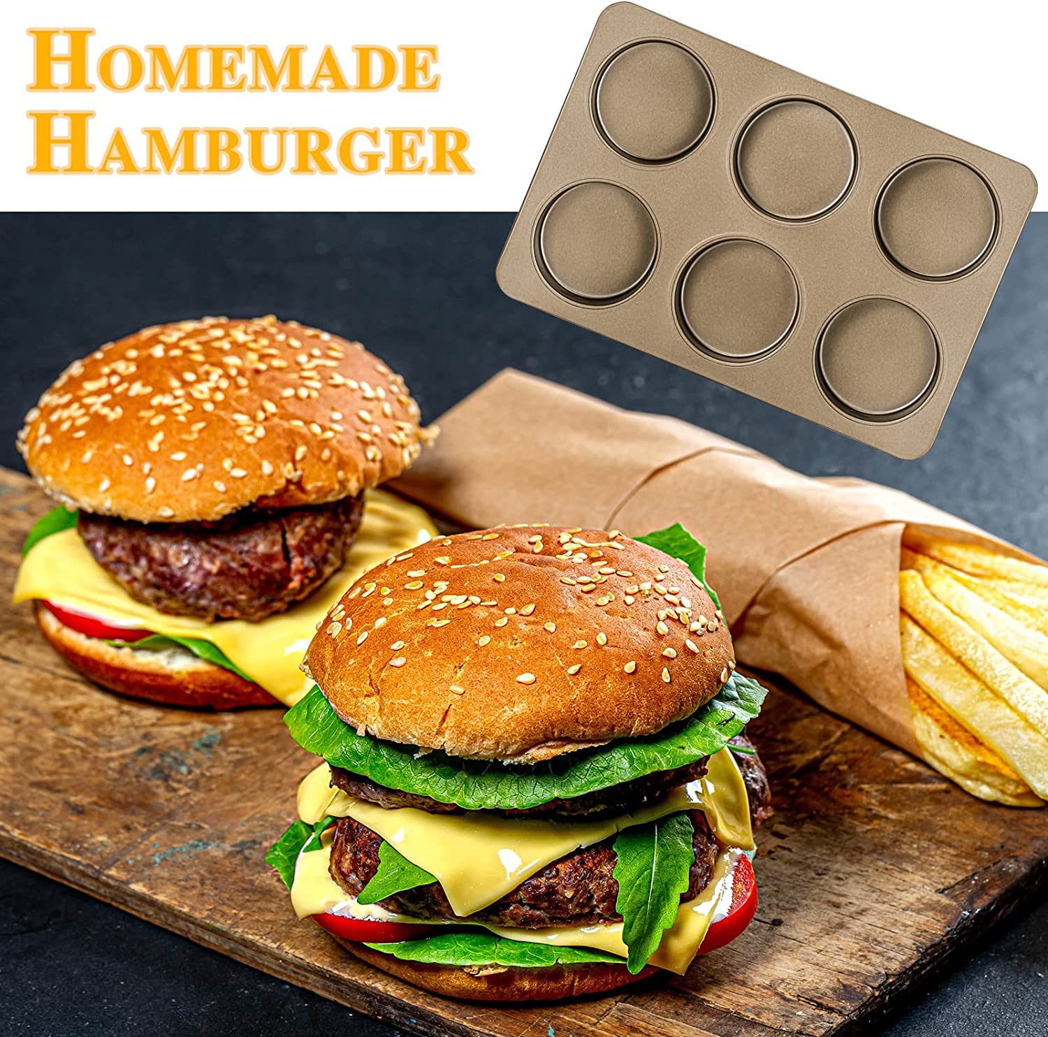 Muffin Top Pan, Hamburger Bun Pan, 6 Cavities Baking Tray,3.5 inches, for Baking Hamburgers, Cakes, Muffins and Poached Eggs Gold
