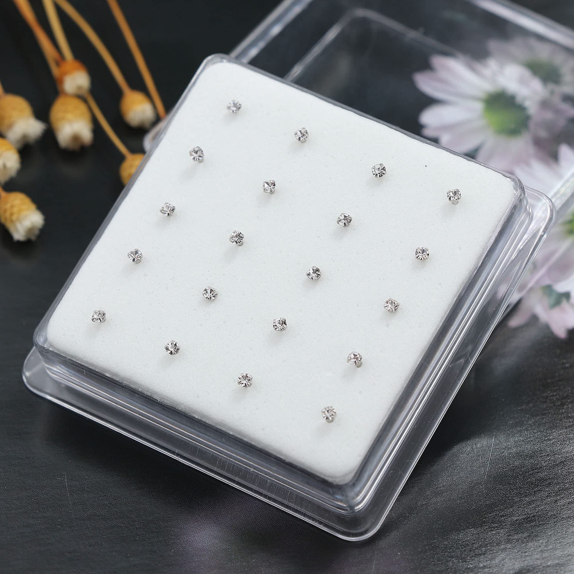 Sllaiss 20Pcs Sterling Silver Nose Studs for Women Men Inlaid 2mm Czech Crystals 925 Silver 20G Cartilage Piercing