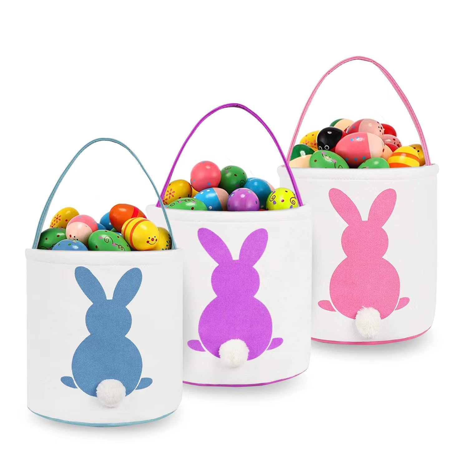 Yunsuelo 3 Pack Easter Egg Hunt Basket Bags for Kids Bunny Canvas Tote - Cotton Carrying Gift and Eggs Hunt Bag