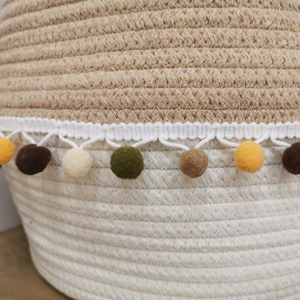 OldPAPA Cotton Rope Storage Basket, Nursery Storage Baskets with Pom Pom Cute Round Basket with Handles Decorative Gift for Nursery Hamper, Baby Toys, Towels