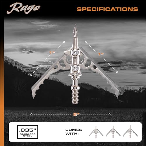 Rage Hypodermic NC 2-Blade 100gr Hunting Broadhead (R38100), Hybrid Tip, No Collar Blade Lock.035β Thick Swept-Back Angled Blades with a 2β Cutting Diameter, Machined Stainless Steel Ferrule, 3-Pack