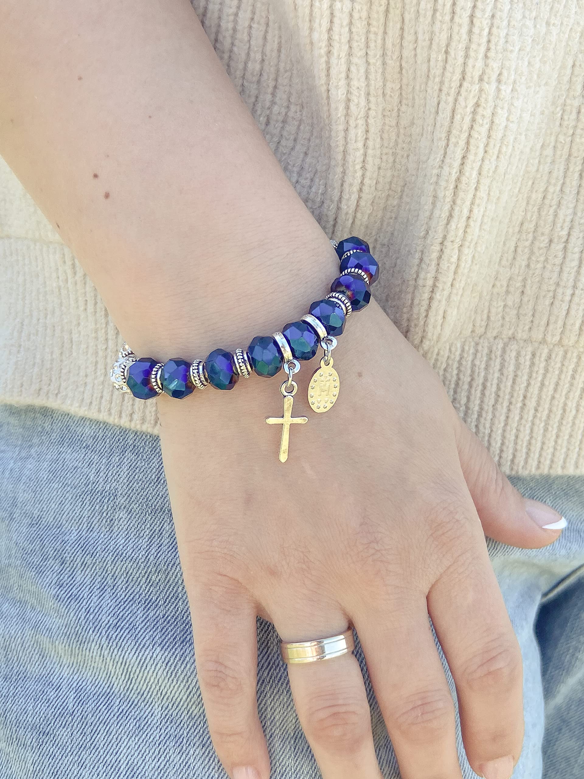Nazareth Store Women's Beaded Stretch Rosary Bracelet Deep Blue Crystal Beads Bangle Crucifix & Miraculous Medal