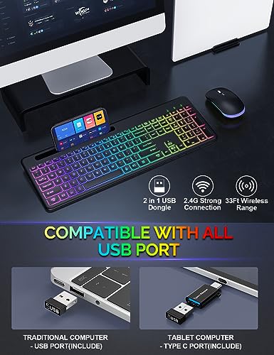 Wireless Keyboard and Mouse with 15 Backlit Effects, Rechargeable Keyboard Mouse Combo with Phone Holder, 2.4G Lag-Free, Silent Light Up Keyboard & Mouse Set for Windows, Mac, PC, Laptop -by SABLUTE