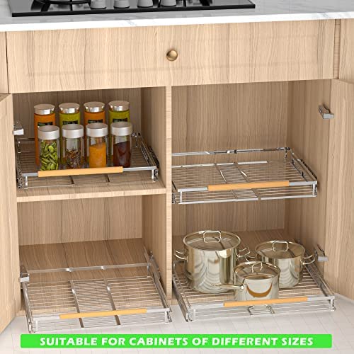 SOFRON Expandable Pull Out Drawer Cabinet Organizers, Heavy Duty Slide Out Storage Shelf for Home Kitchen Pantry Cupboard Pots Pans, Adjustable Width from 23.2"~39.9", Stainless Steel 2 Pack