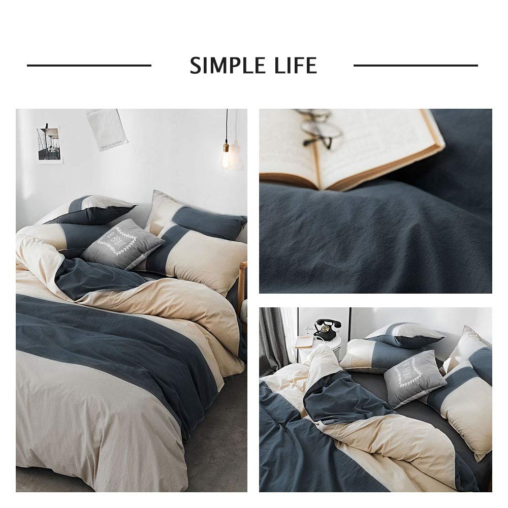 mixinni Super Soft Cotton 3 Piece Grey/Beige Striped Patchwork Queen/Full Duvet Cover Set with Zipper Ties,includes 1 Duvet Cover, 2 Shams