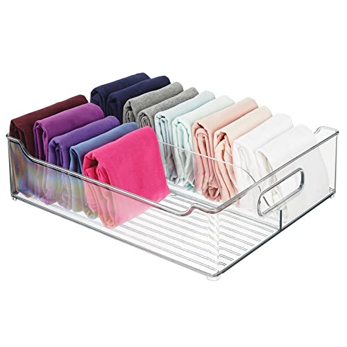 mDesign Plastic Closet Storage Bin with Handles - Divided Organizer for Shirts, Scarves, - BPA Free, 14.5" Long, 4 Pack - Clear