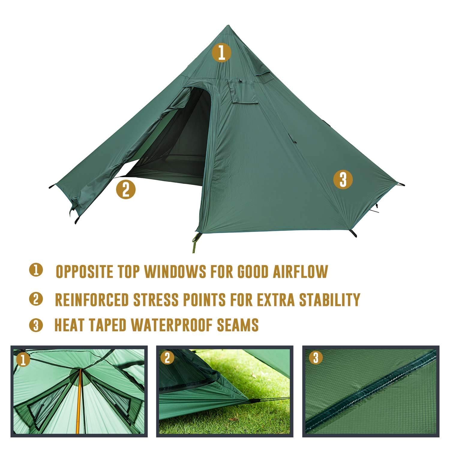 OneTigris Iron Wall Stove Tent, Lightweight Teepee Tent with Removable Inner Mesh, 20D SIL-Nylon 1-3 Persons for Backpacking Hiking Fishing Canoeing Travel Winter Camping