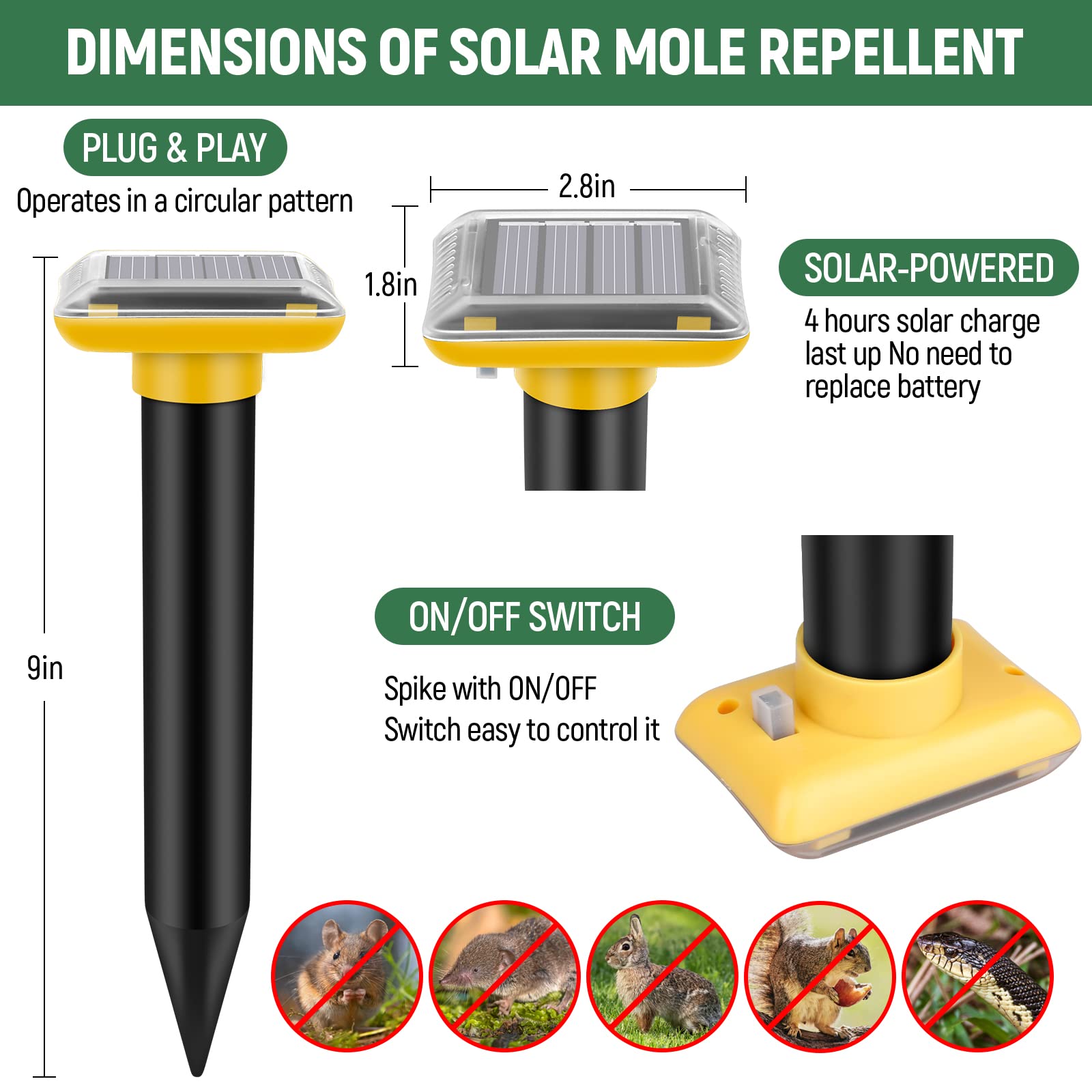 Ultrasonic Mole Repellent Outdoor, 2024 Upgrade Solar Powered Mole Repellent for Lawn Yard and Garden, Waterproof Mole Killer Traps, Effectively Repels Mole Snake Vole Groundhog (Yellow6p)