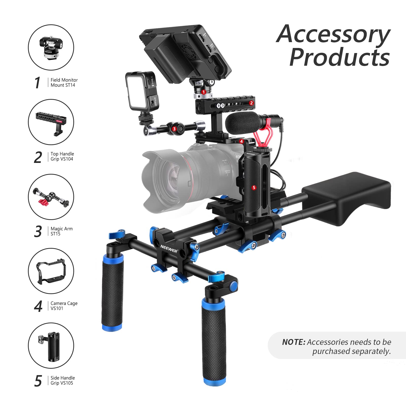 NEEWER Camera Shoulder Rig, Video Film Making System Kit for DSLR Camera and Camcorder with Soft Rubber Shoulder Pad and Dual Hand Grips, Compatible with Canon/Nikon/Sony, etc (Blue + Black)