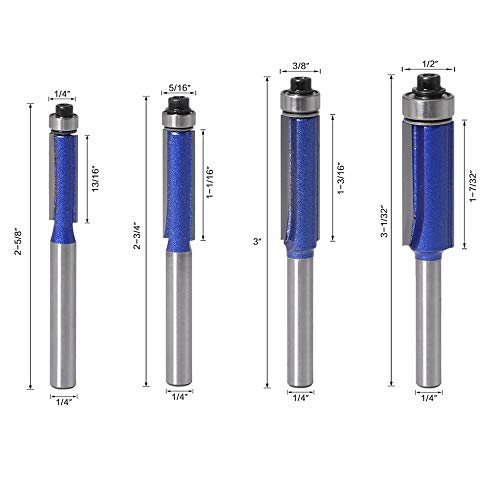 Wolfride 4PCS Flush Trim Router Bit Set 1/4 Inch Shank Top Bearing Flush Trim Router Bit