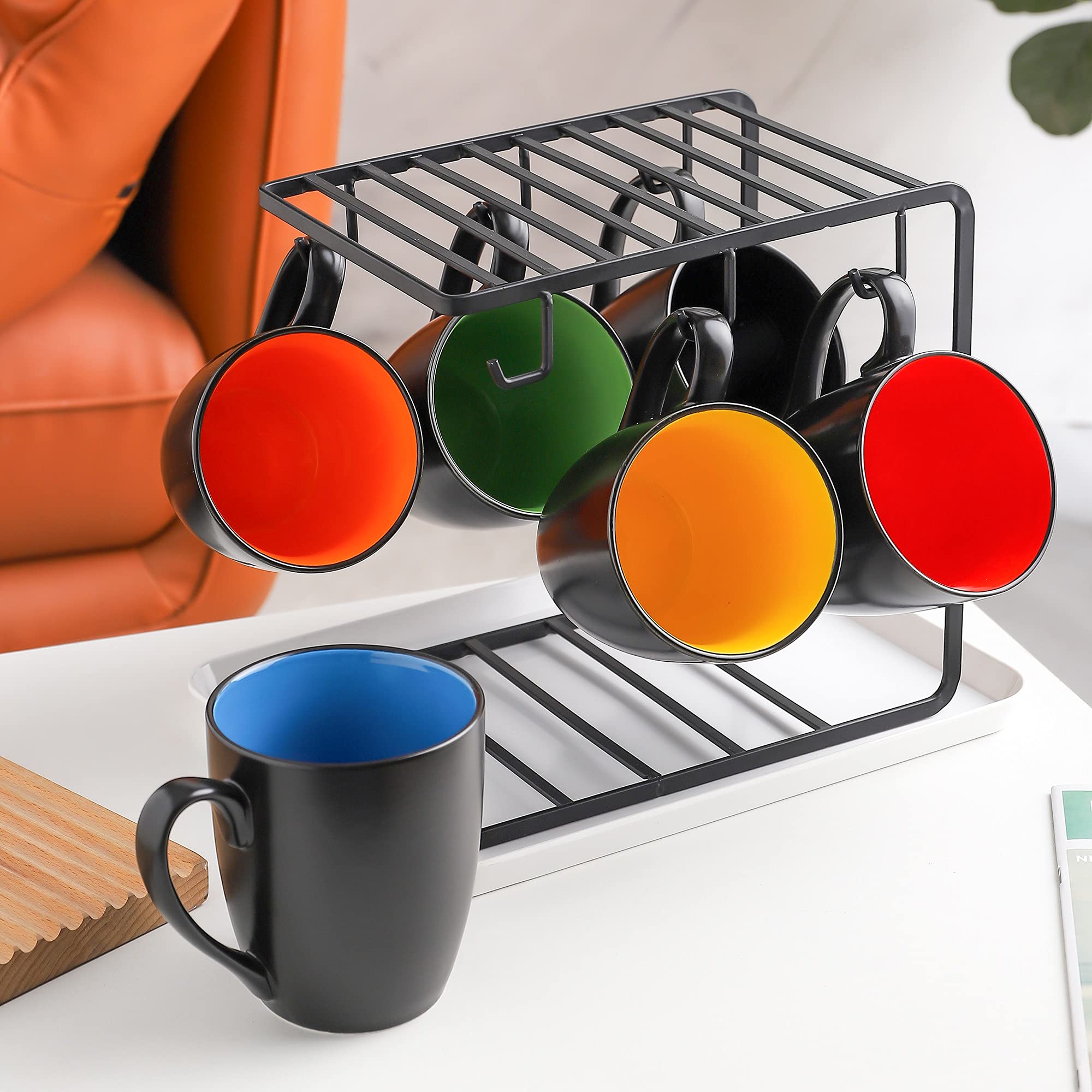 superyes Black Mugs-Sets of 6 for Coffee Cappuccino Latte Cups Set 16OZ(500ml) Red/Yellow/Blue/Green/Orange/Black Inside
