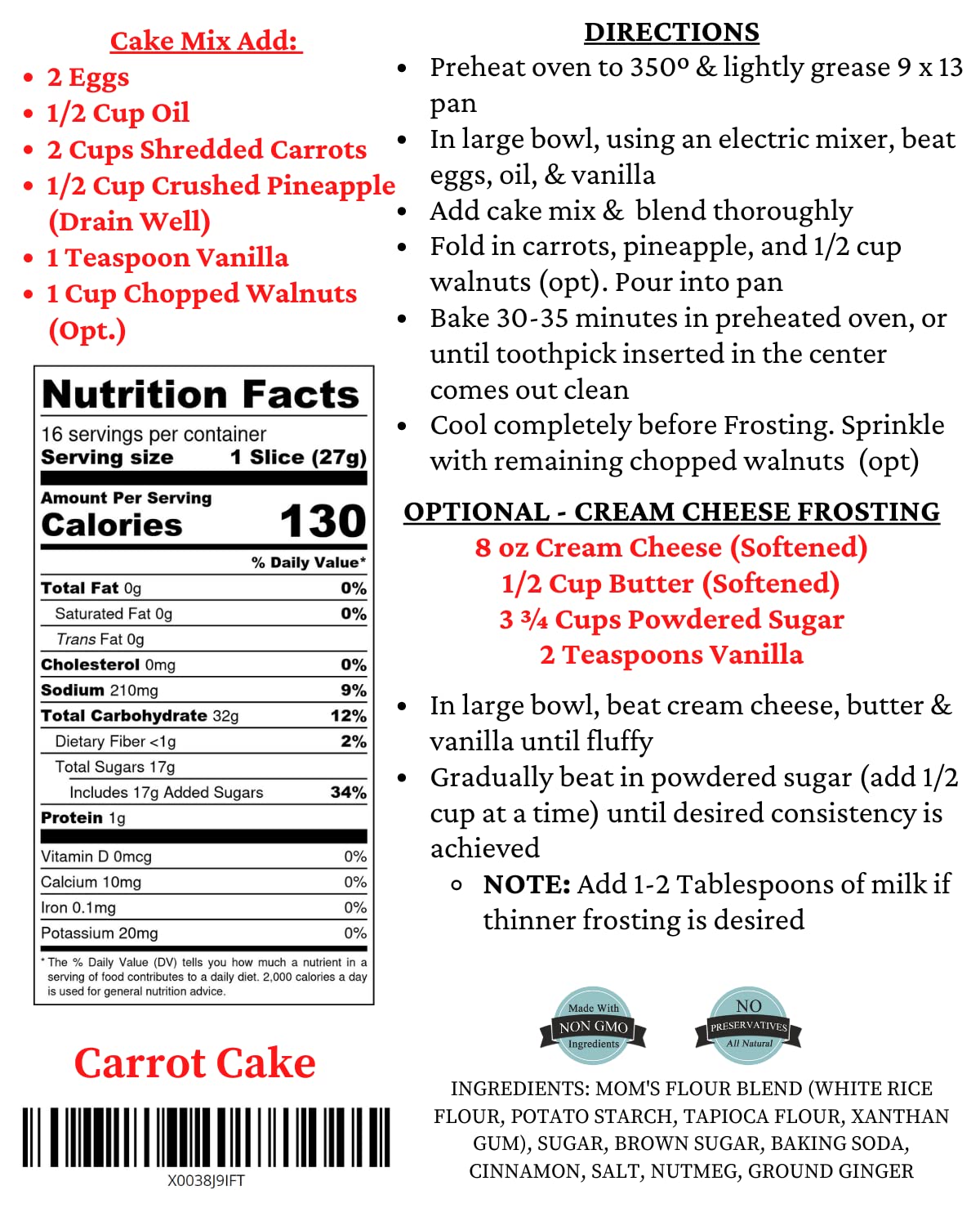 Mom's Gluten Free Carrot Cake Mix