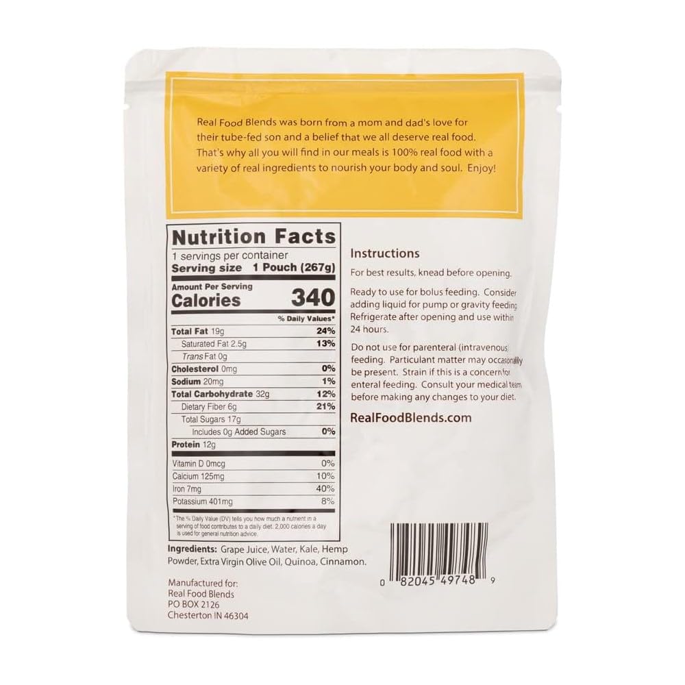 Real Food Blends Quinoa, Kale & Hemp - Pureed Food Meal for Feeding Tubes, 9.4 oz Pouch (Pack of 12 Pouches)