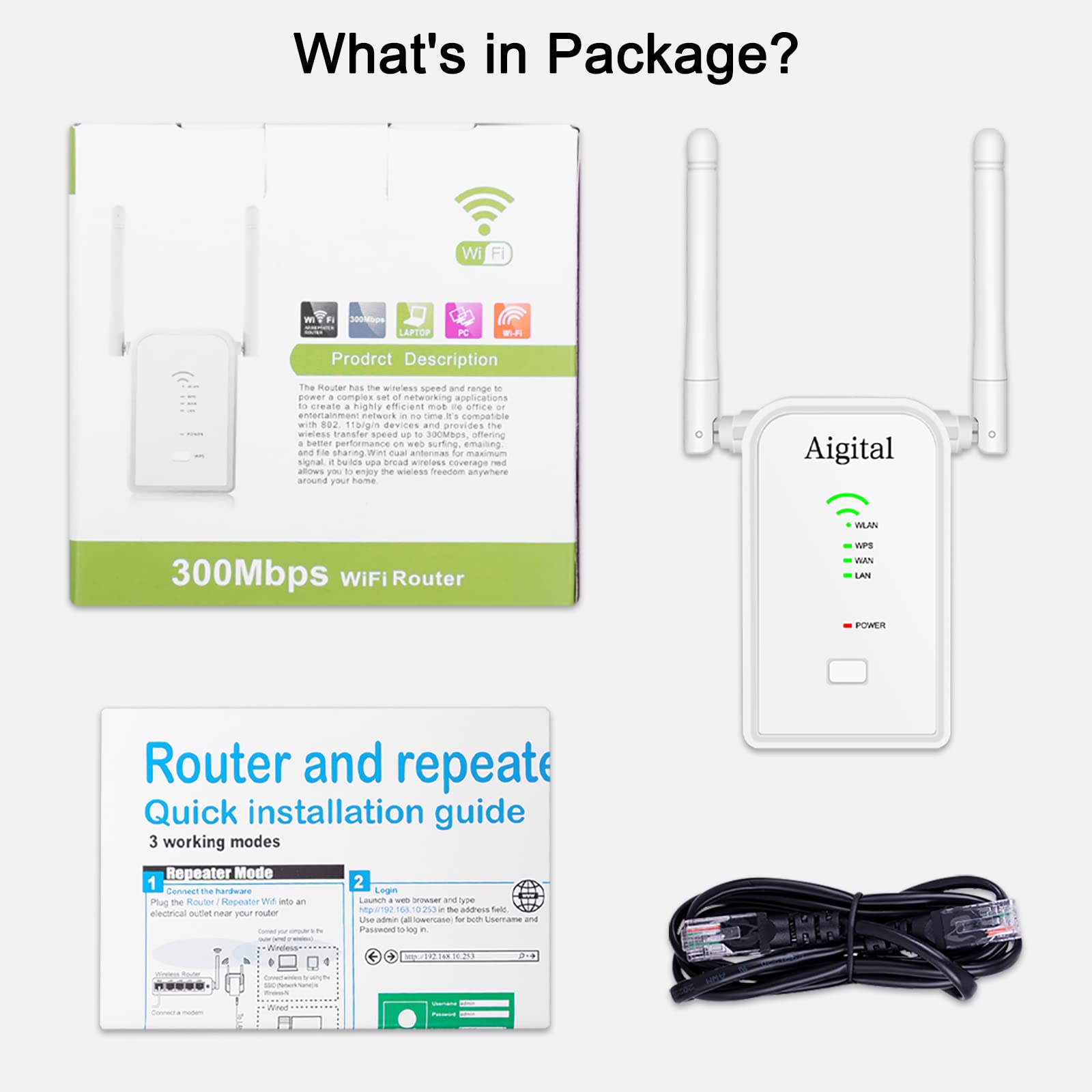 WiFi Extender, Aigital 300Mbps WiFi Extender with Ethernet Ports, Long Range Wireless Repeater Internet Amplifier, 2.4GHz Stable WiFi Range Extender Signal Booster for Home, WPS, Easy Setup