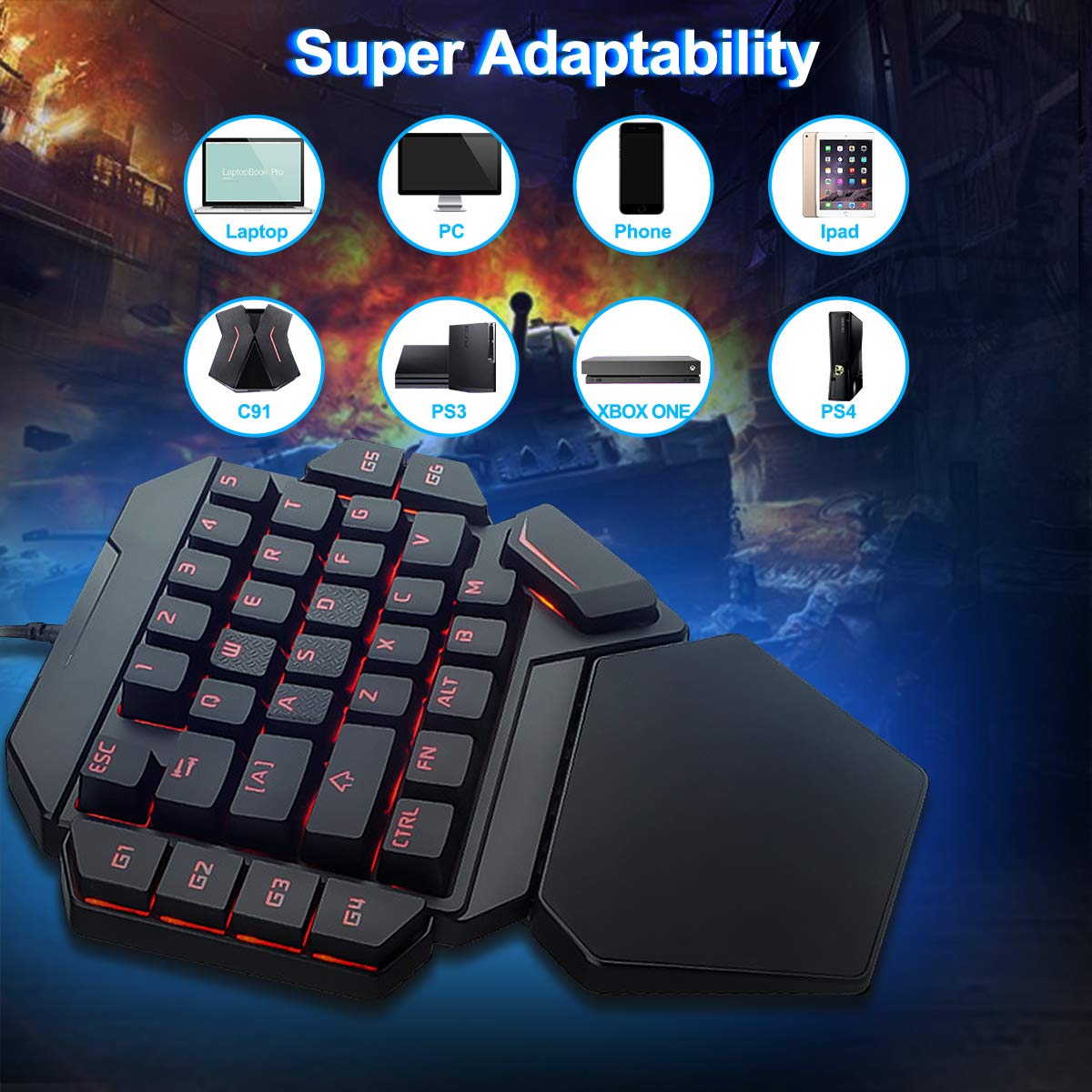 One Handed RGB Mechanical Keyboard, Jhua Ergonomic Half Gaming Keyboard 35 Keys with Rainbow Backlit Keyboard Wired Gaming Keypad Mini USB Keyboard Single Hand Game Controller for PC PS4 LOL Xbox Game