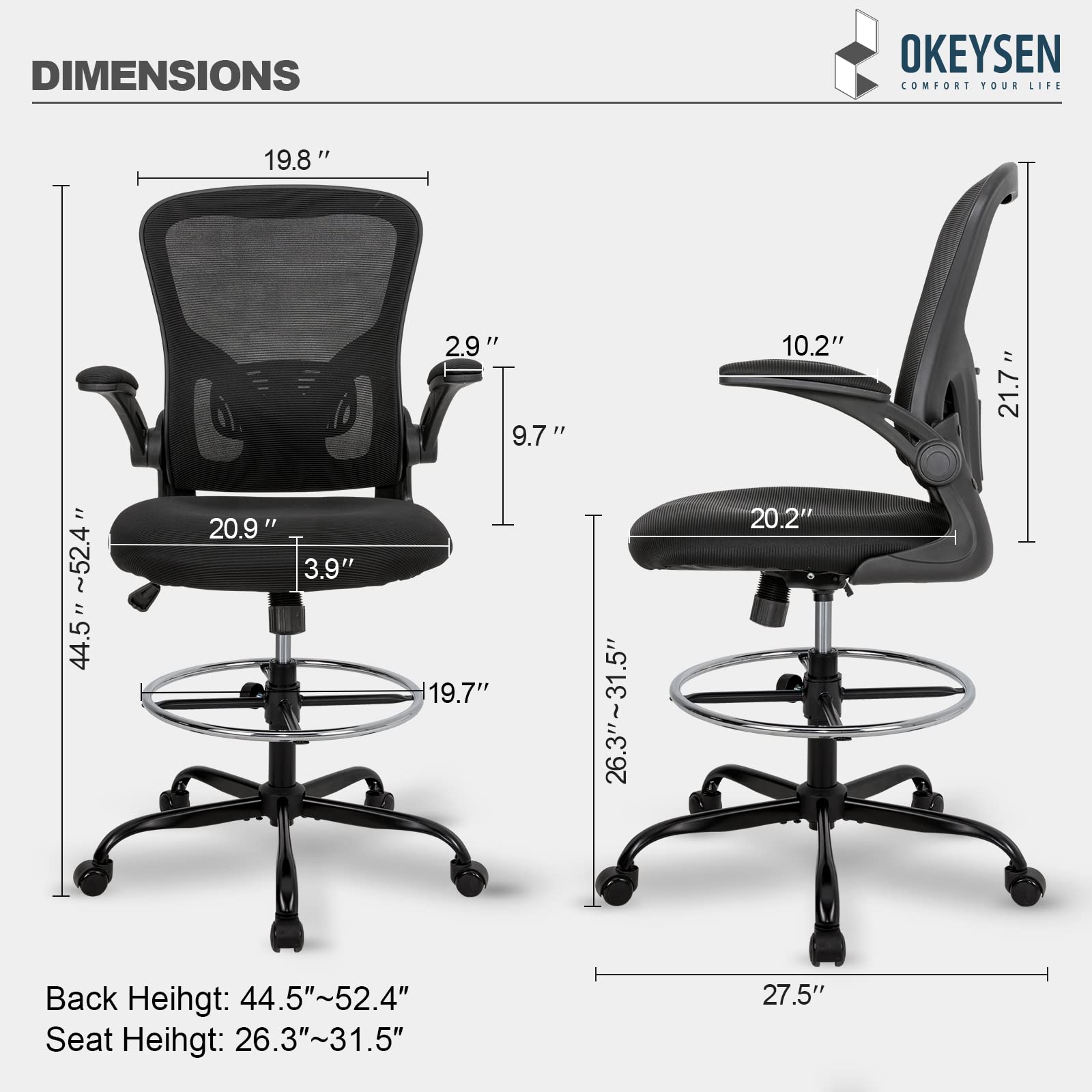 Okeysen Drafting Chair Tall Office Chair, Standing Desk Chair with 3.9’’ Thicken Cushion & Flip-Up Armrest, Drafting Stool with Adjustable Lumbar Support & Footrest Ring.