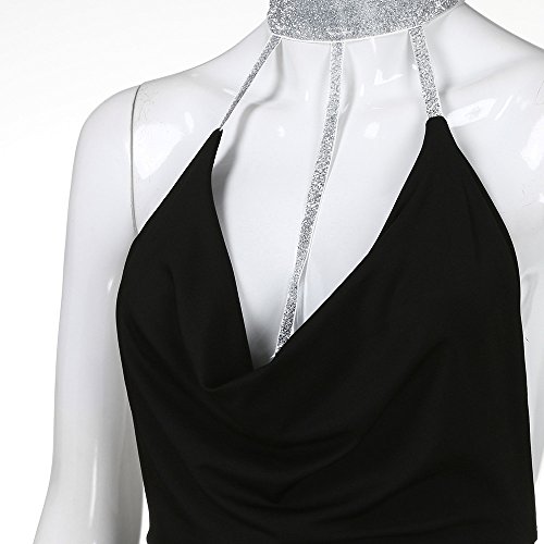 Women's Sexy Deep V Neck Backless Bodycon Dress Halter Neck High Slit Lace Up Mini Night Club Dress (Black, M)