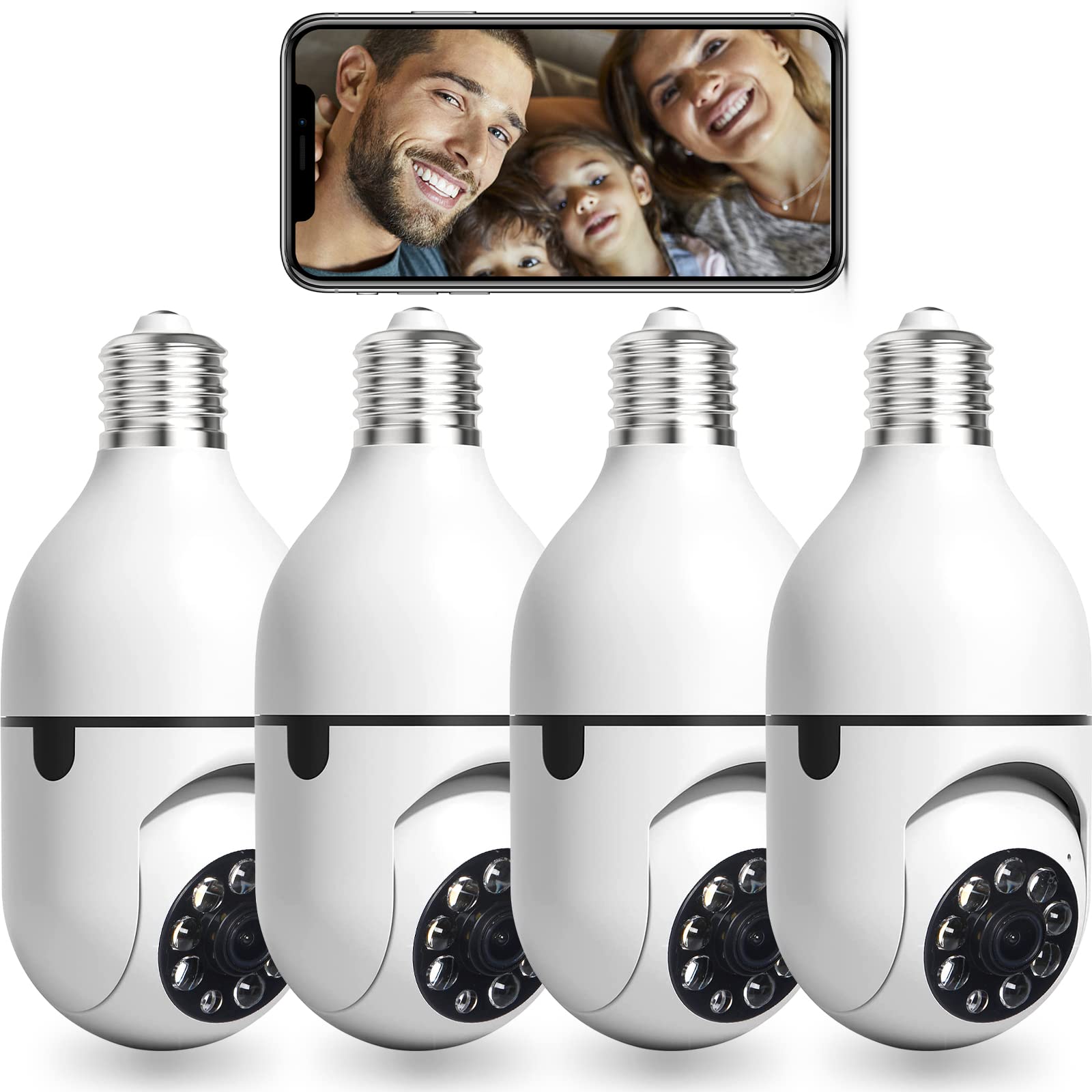 WiFi Light Bulb Camera/1080P Security Camera/2.4GHz WiFi Smart 360°Panoramic Indoor Surveillance Camera with Night Vision Motion Detection Alarm Two-Way-Talk Phone Remote View Outdoor (White-4pcs)