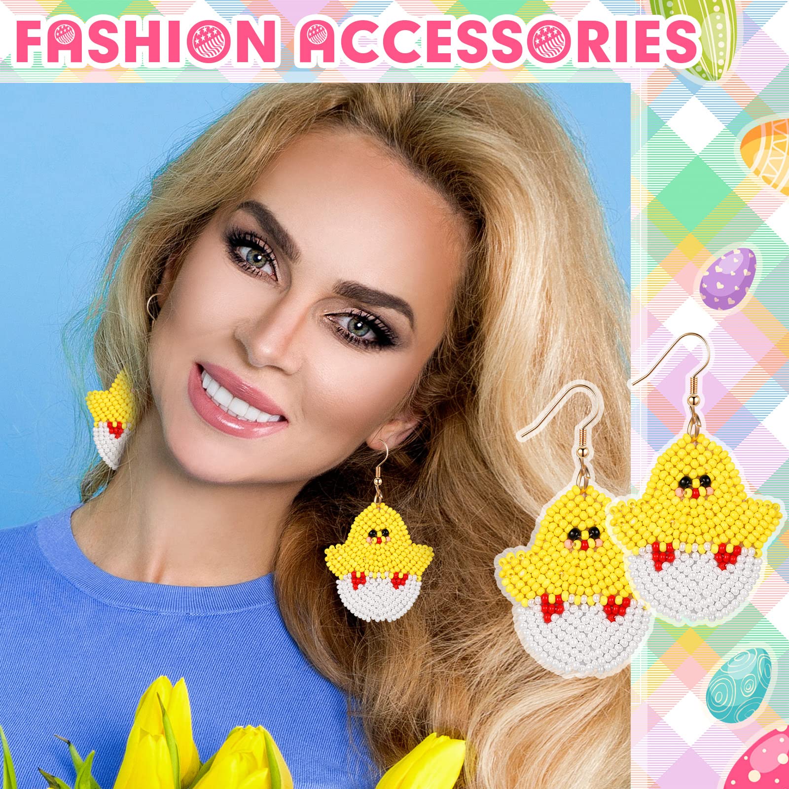 Yinkin 4 Pairs Easter Beaded Earrings Bohemian Statement Dangle Earrings Easter Egg Chicks Earrings for Women Girls