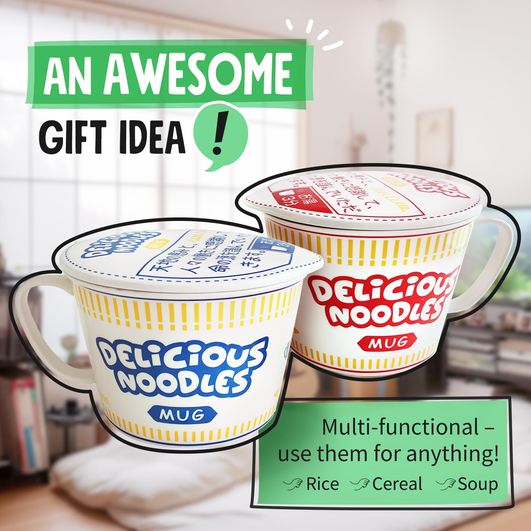 Sophie & Panda Porcelain Instant Noodle Bowl Mug With Handle 34 Oz - A Must-Have Accessory For Anyone Who Loves Asian Noodles - One Novelty 5.5β X 4.5β Ramen Bowl with Lid (Red)