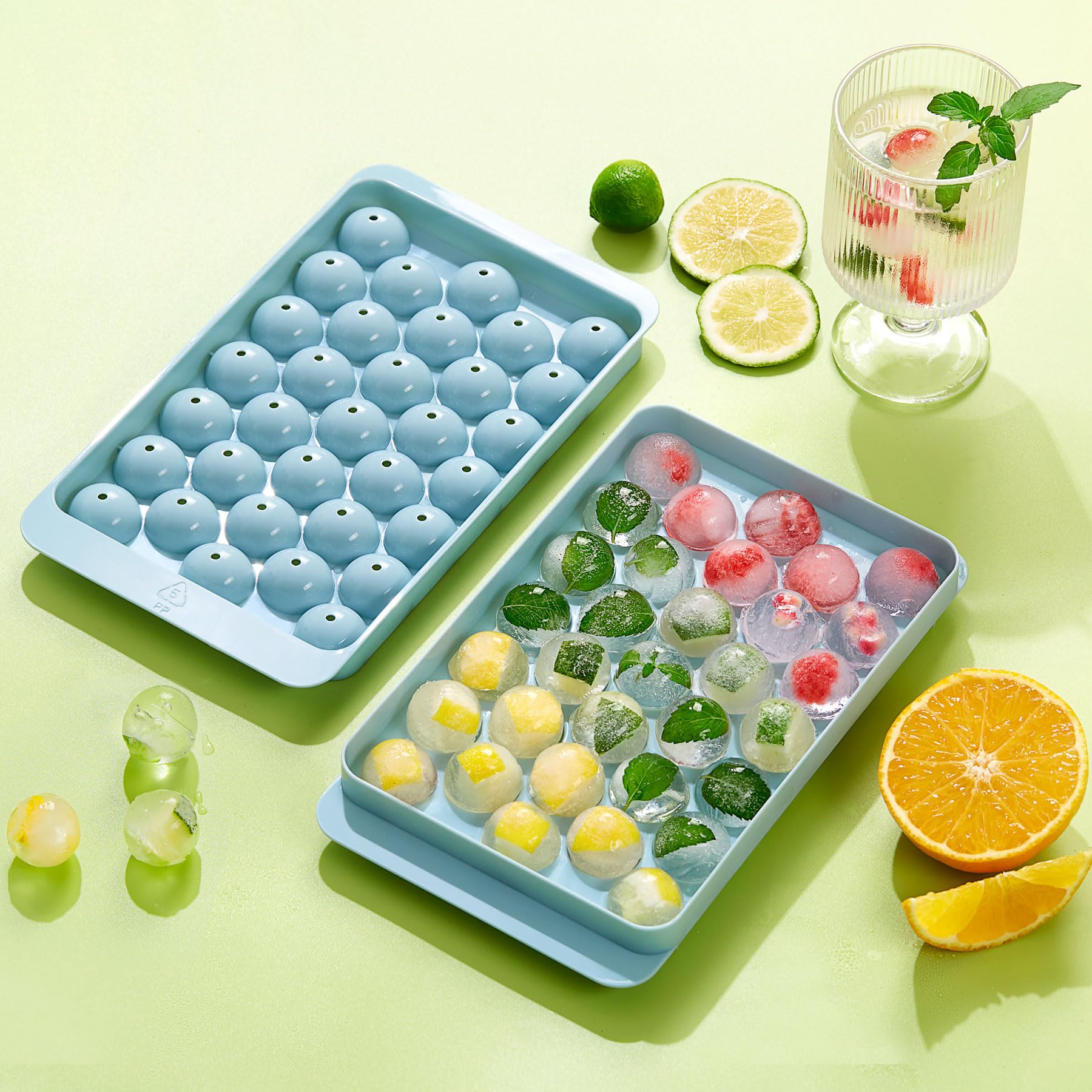 Ultrean Ice Cube Tray with Lid and Bin, Round Ice Cube Tray for Freezer, Making 66pcs Easy Release Ice Cube for Coffee, 2 Trays 1 Ice Container & Scoop