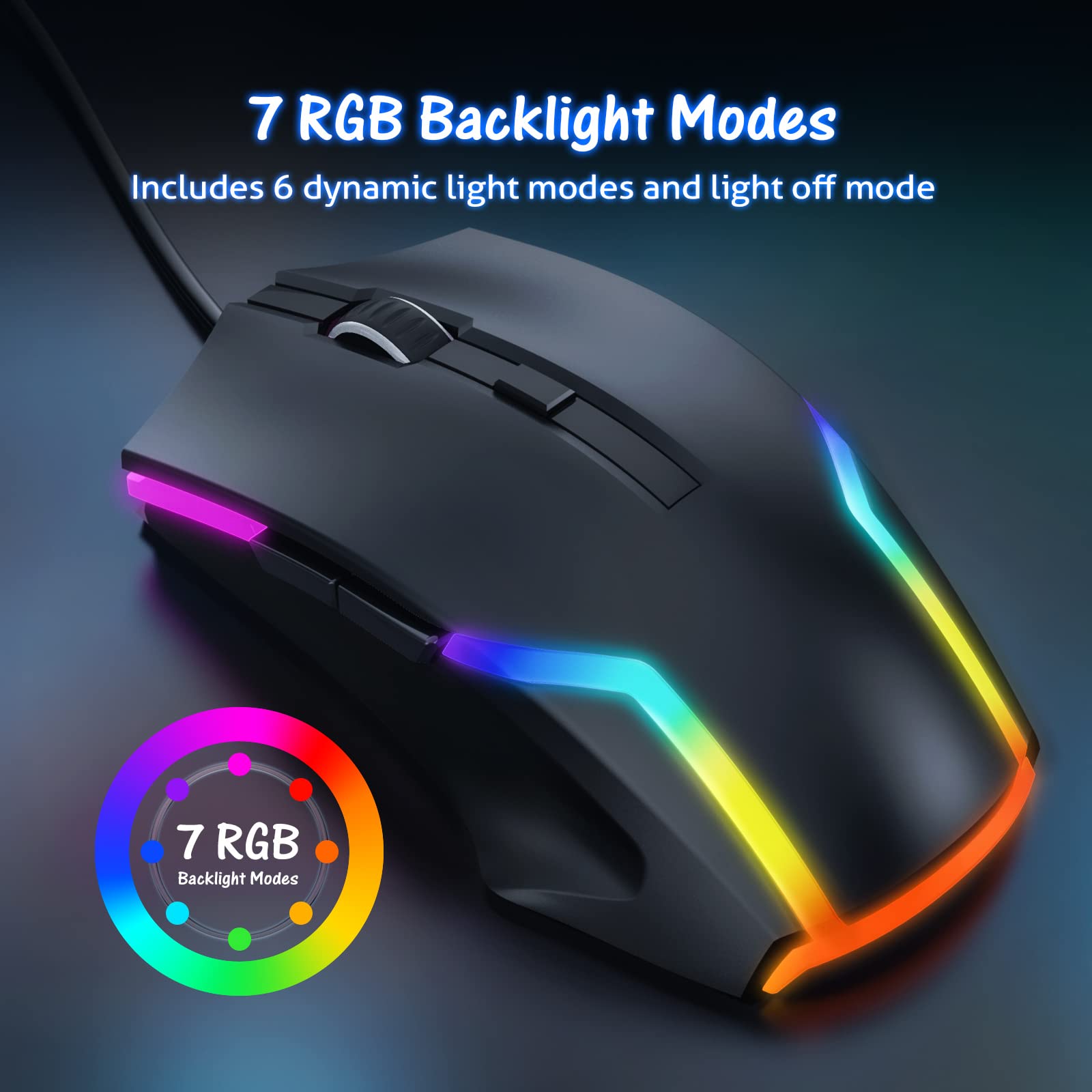WEEMSBOX Gaming Mouse Wired, PC Computer Mice with 7 RGB Backlit Modes, Gamer Computer Mouse[8000 Adjustable DPI]- 6 Programmable Buttons for Windows PC Laptop