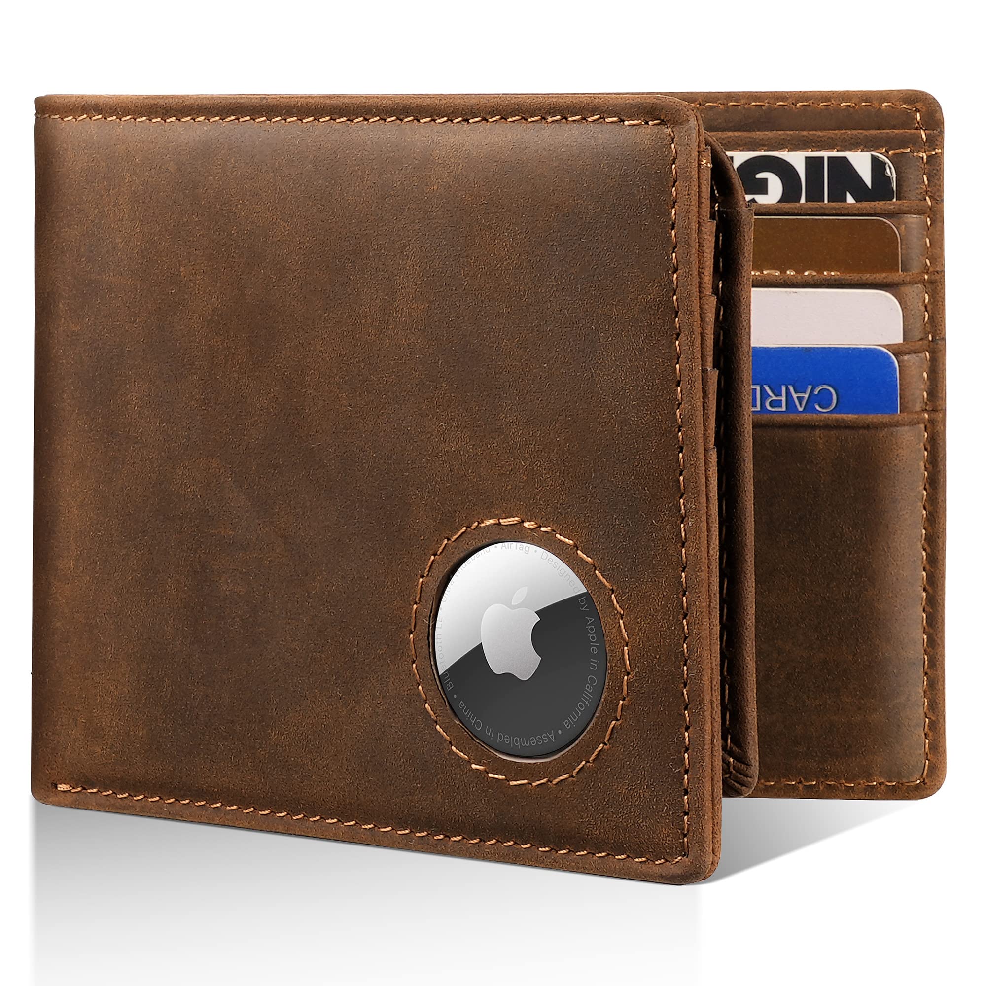 Mens Wallet With AirTag Holder, Bifold Leather RFID Blocking 2 ID Windows 12 Card Holders, Gift Box and Screen Protector Included, AirTag Not Included