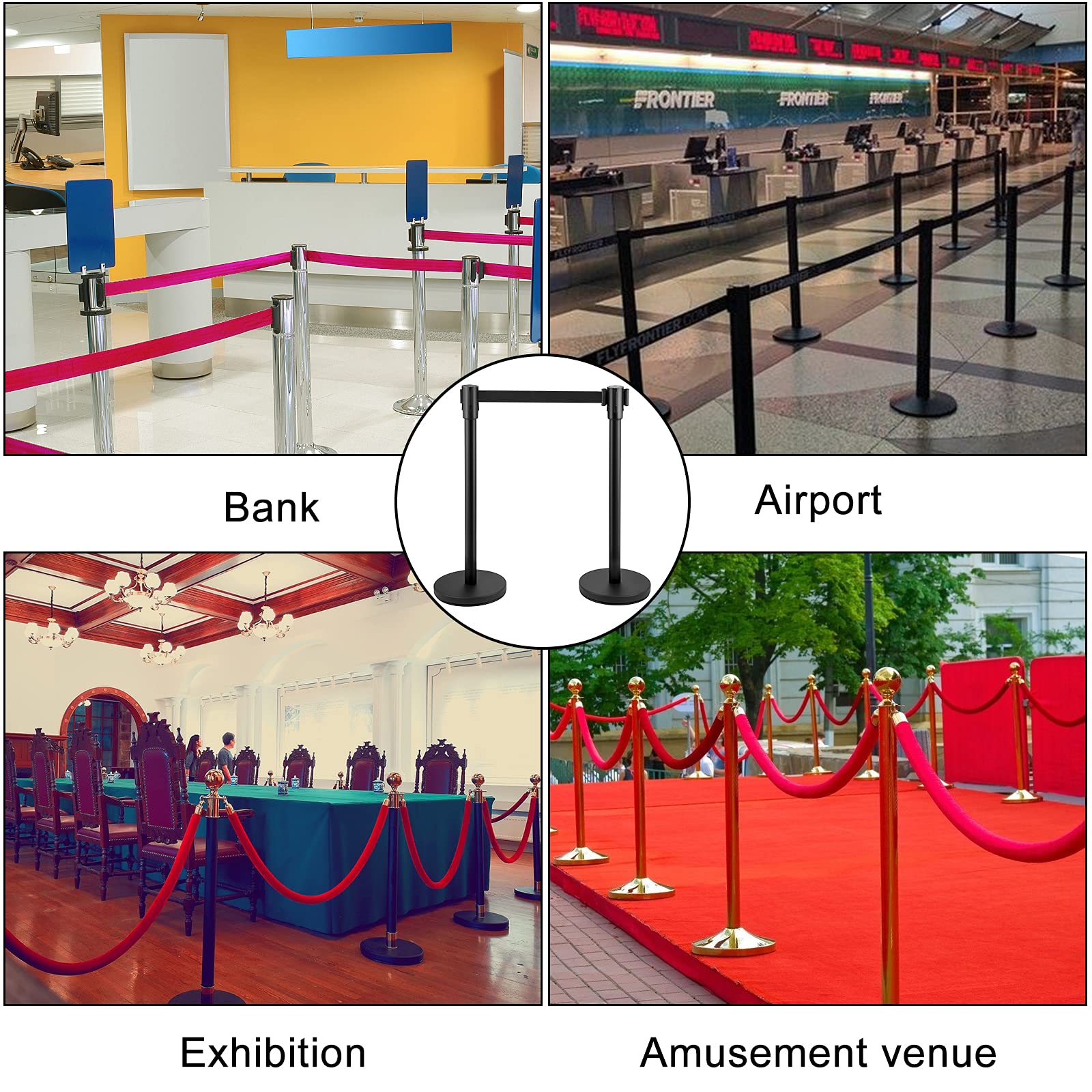 VEVOR Crowd Control Stanchion, Set of 8 Pieces Stanchion Set, Stanchion Set with 6.6 ft/2 m Black Retractable Belt, Black Crowd Control Barrier w/Concrete and Metal Base - Easy Connect Assembly