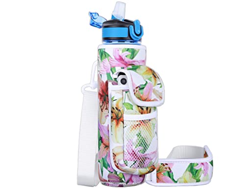 SOPTICE 32oz Water Bottles with Sleeve and Straw Lid Hands Free for Outdoor Sports Insulated Neoprene Holder with Adjustable Strap BPA Free Reusable Drink Jug with Carrier Bag for Phone Tiger Lily