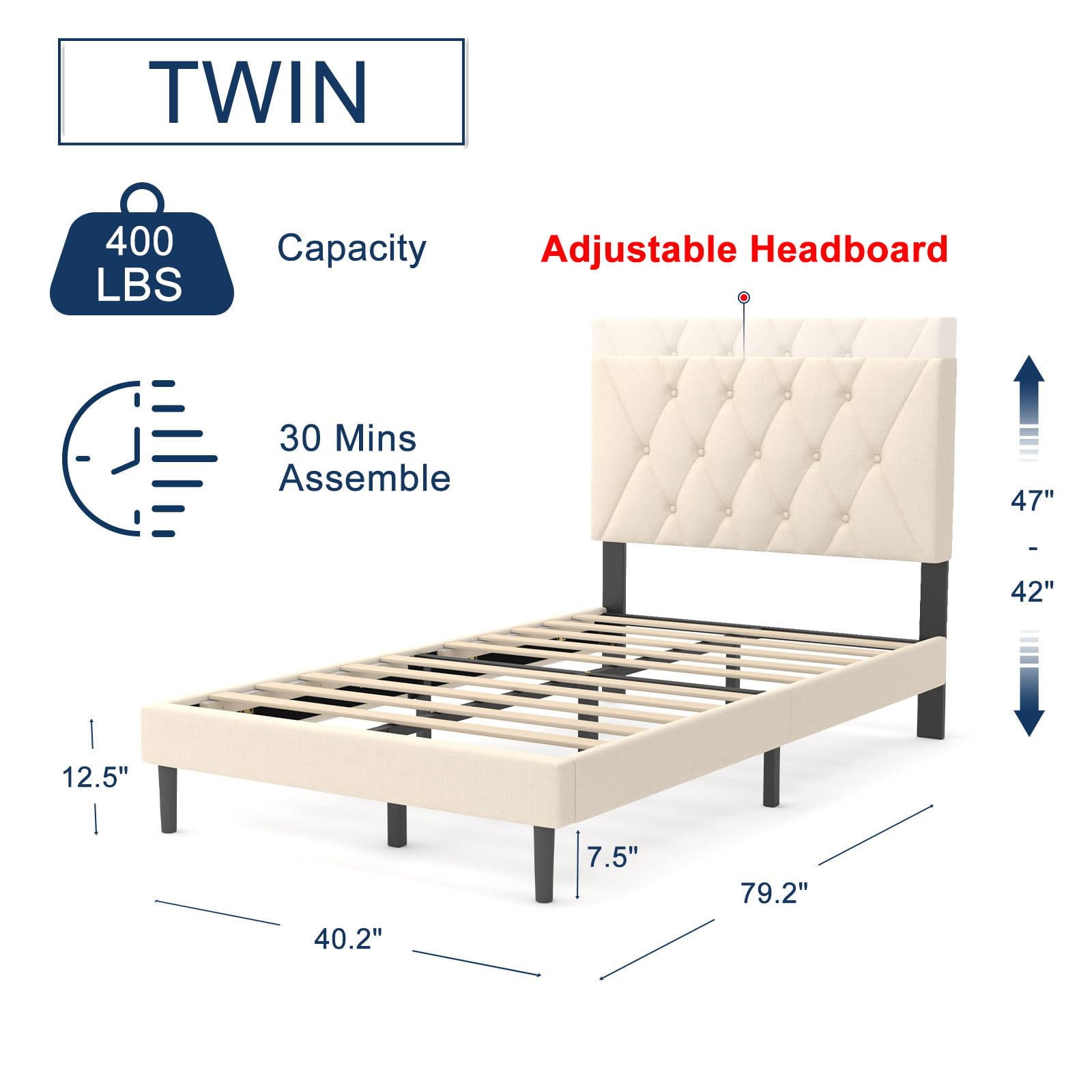 Molblly Twin Bed Frame with Adjustable Headboard, Linen Fabric Wrap, Strong Frame and Wooden Slats Support, No Box Spring Needed, Non-Slip and Noiseless, Easy Assembly, Beige