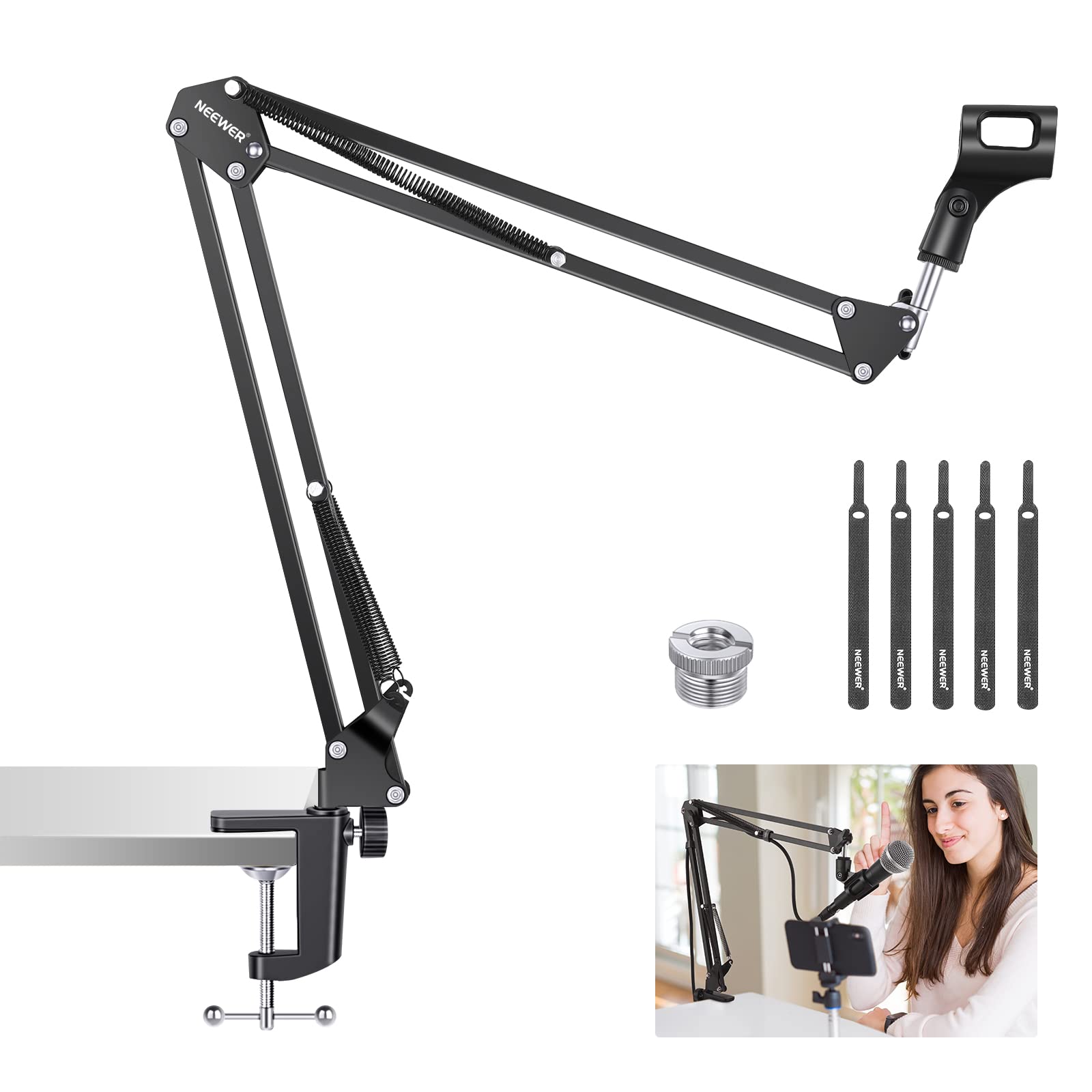 Neewer Microphone Arm Stand, Suspension Boom Scissor Mic Arm Stand with 3/8â to 5/8â Screw and Cable Ties Compatible with Blue Yeti, Snowball, Yeti X, Quadcast and Other Mics, Max Load 1.5kg