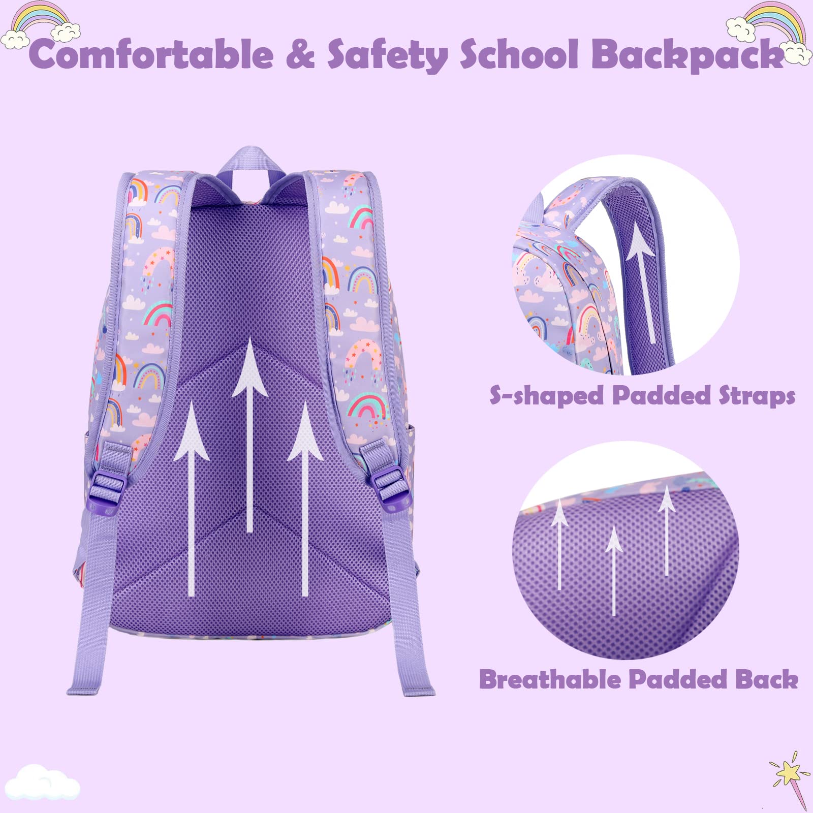 Rainbow Backpack for Girls, 3PCS Rainbow Backpack with Square Lunch Bag & Pencil Case Set for Girls, Large Capacity Kids School Bookbag Set for Preschool Kindergarten Elementary School
