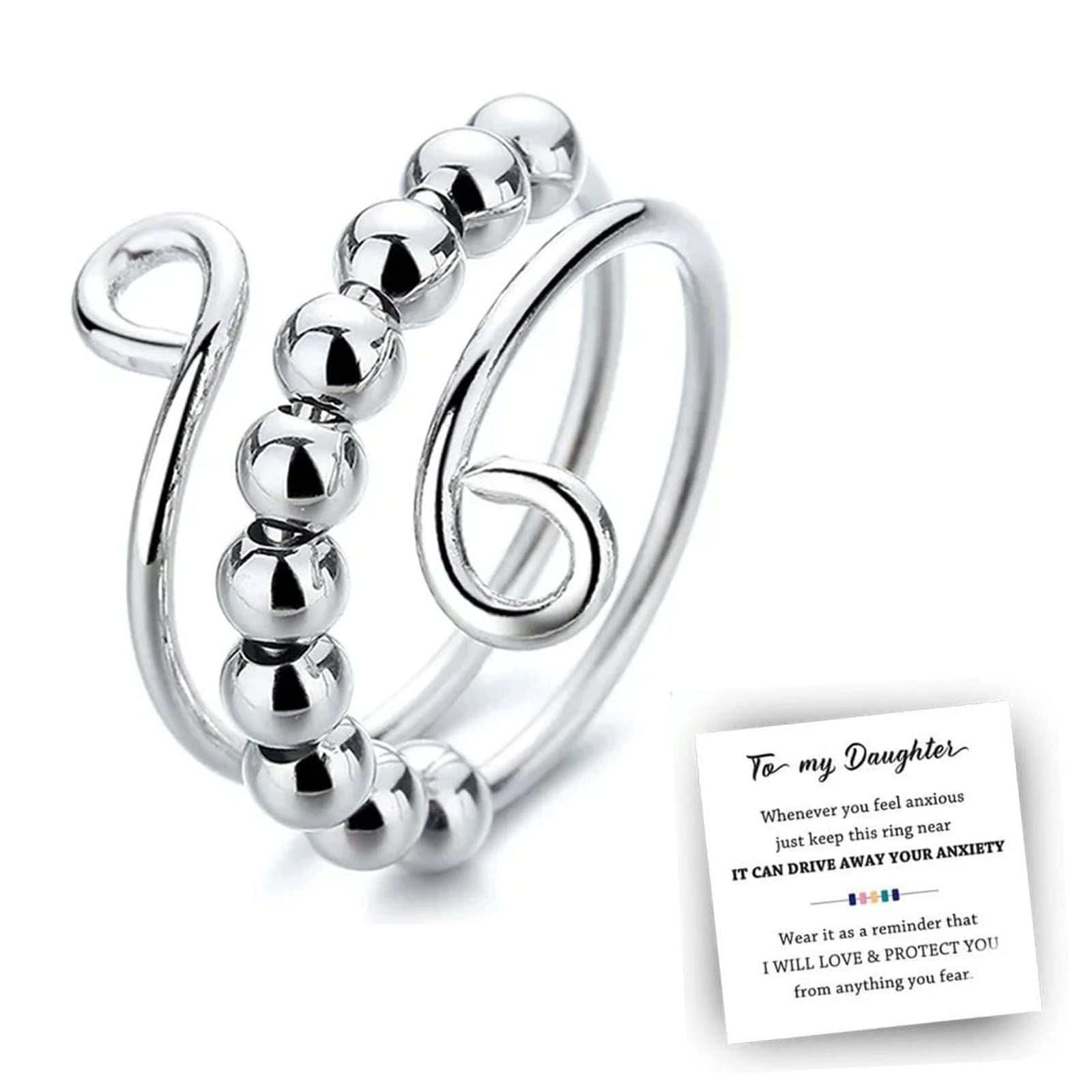 To My Daughter Fidget Rings ,Drive Away Your Anxiety Circle Beads Spinner Ring Adjustable Open Double Layer Ring Jewelry Gift for Mother Daughter (Silver)