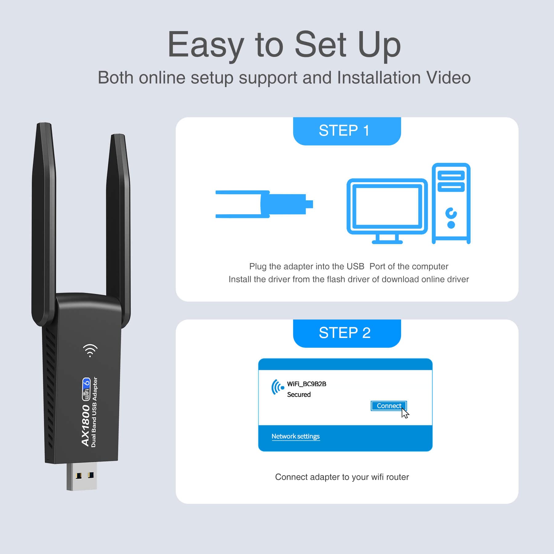 Wireless USB WiFi 6 Adapter for Desktop - Nineplus 802.11ax 1800Mbps PC WiFi Adapter for Desktop PC Laptop Windows7/10/11,5Ghz 2.4Ghz Wireless Network Adapter for PC WiFi USB Adapter for PC