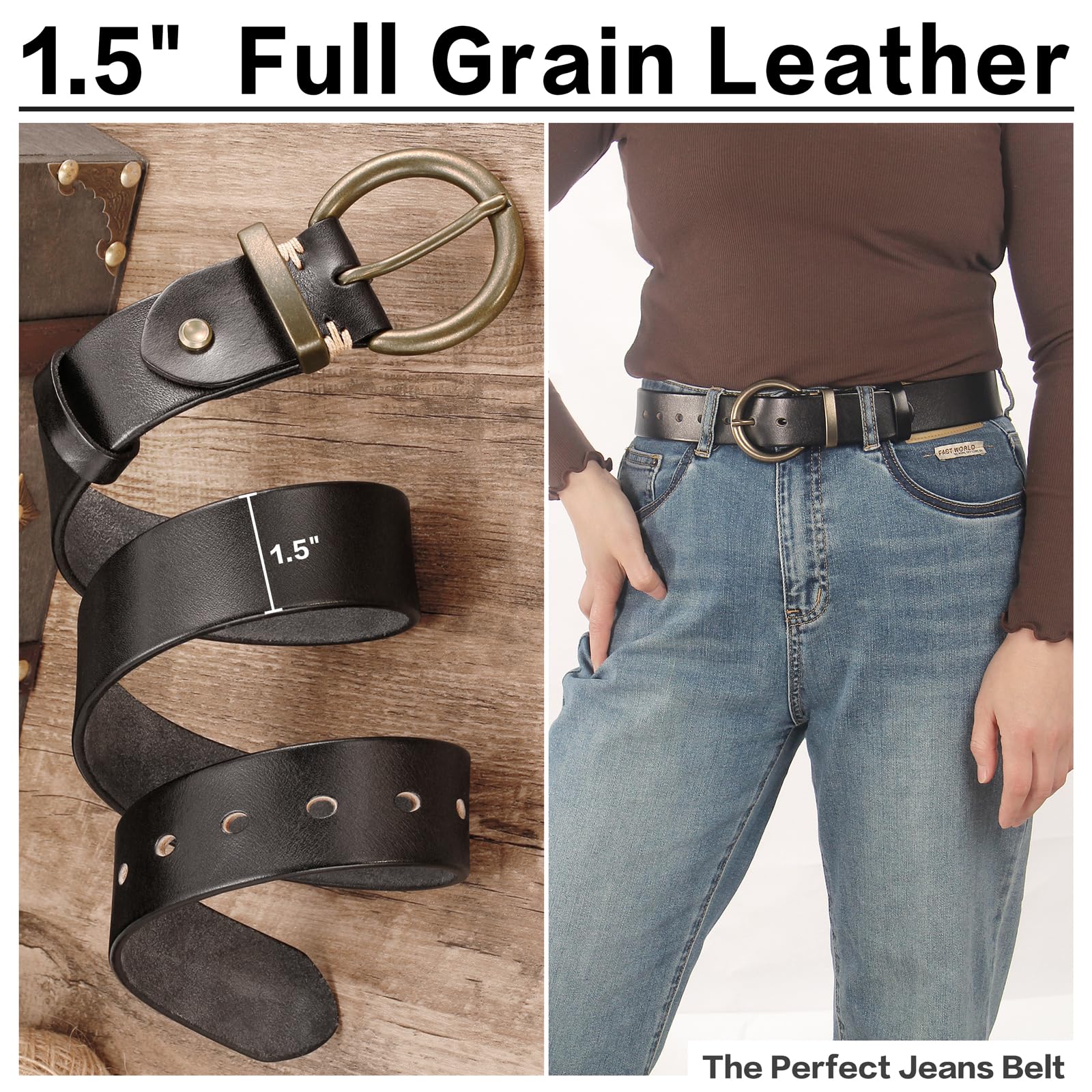 wolksprong Women's 1.5" Wide Leather Belt with Large Brass Buckle - Trendy Vintage Style for Jeans and Pants