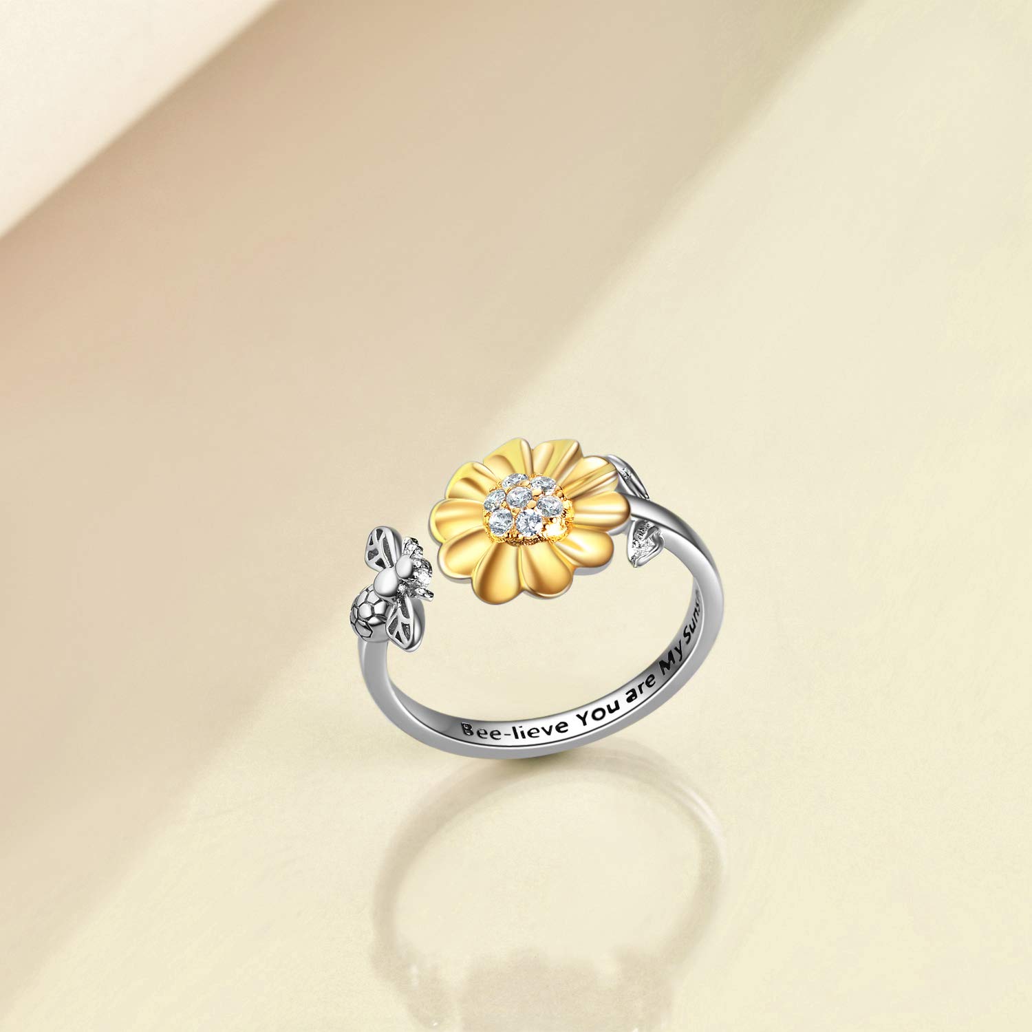 ONEFINITY Bee-live You Are My Sunshine Sterling Silver Sunflower Rings with Bee Open Adjustable Ring for Women