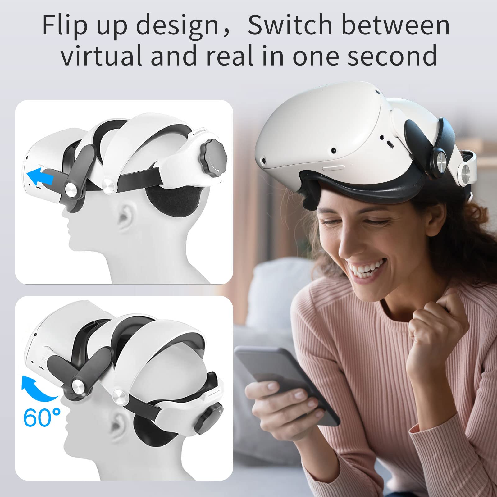 Tanedar Head Strap for Oculus/Meta Quest 2 Accessories, Elite Strap with Battery Holder, Unique Helmet Design with 3 Soft Cushion, All-Day Comfort in VR, Adjustable Head Strap for Children/Adults