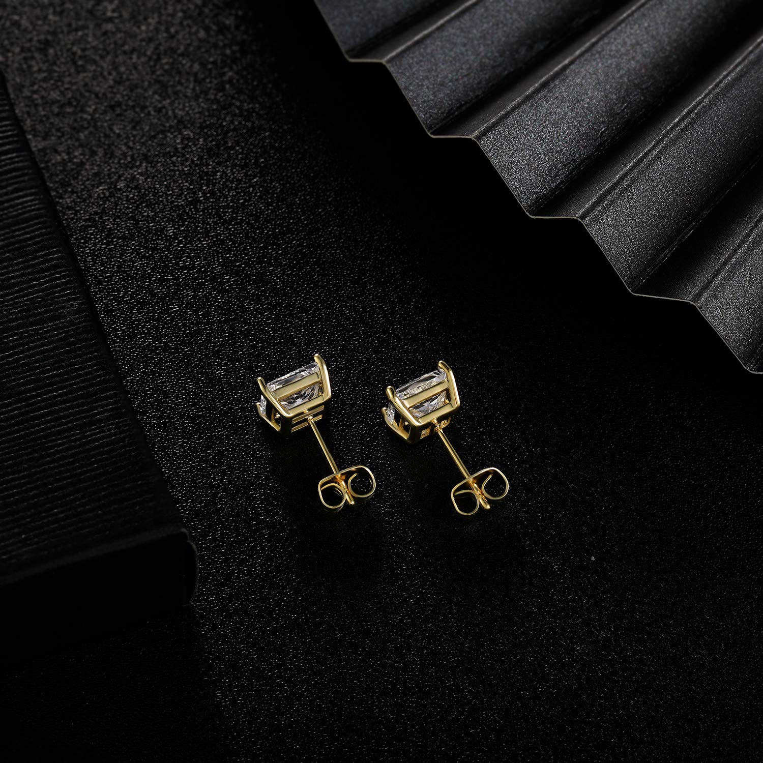 MDFUN 18K Yellow Gold Plated Princess Cut Square Clear Cubic Zirconia Stud Earring Pack of 5 Pairs