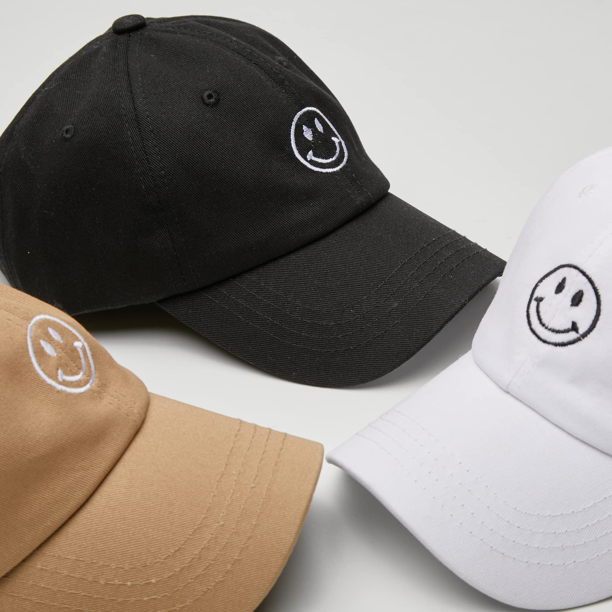 Smile Face Baseball Cap – Fashionable Embroidered Trucker Hat for Women. Trendy, Light Weight Adjustable Cute Hats for Summer (Khaki)