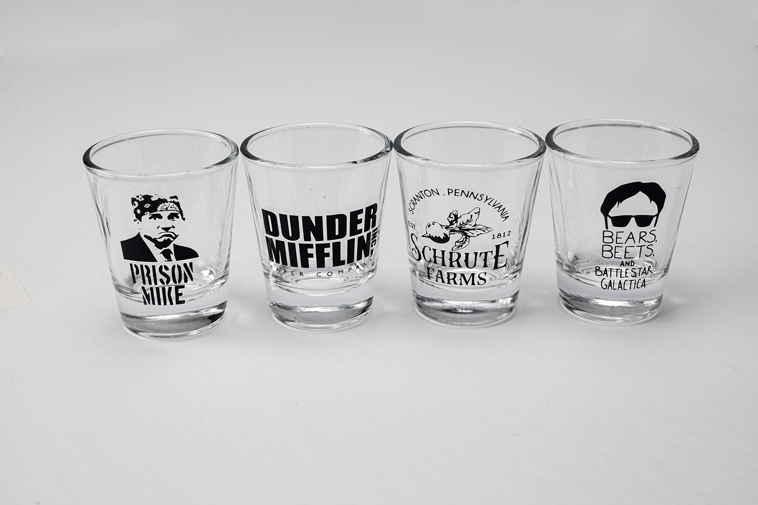 The Office 4 Piece Shot Glass Set (Dunder Mifflin, Prison Mike, Schrute Farms, and Bears, Beets, Battlestar Galactica))