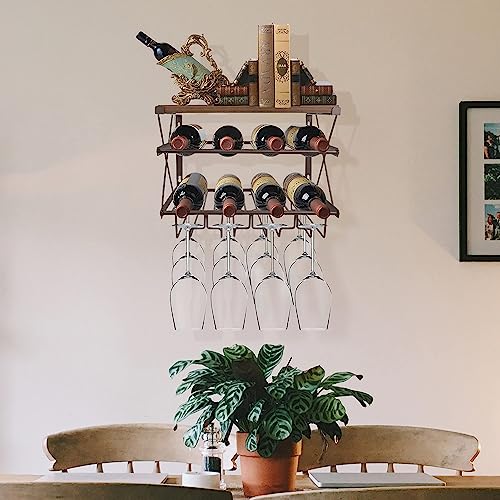 OOir onOO Wall Mounted Wine Rack - Wood Rustic Wine Bottle Glass Floating Shelves Holds with Stemware Rack, 8 x Glasses and 11 xWine Bottles for Kitchen,Dining Room,Bar,15 Inch(Brown)